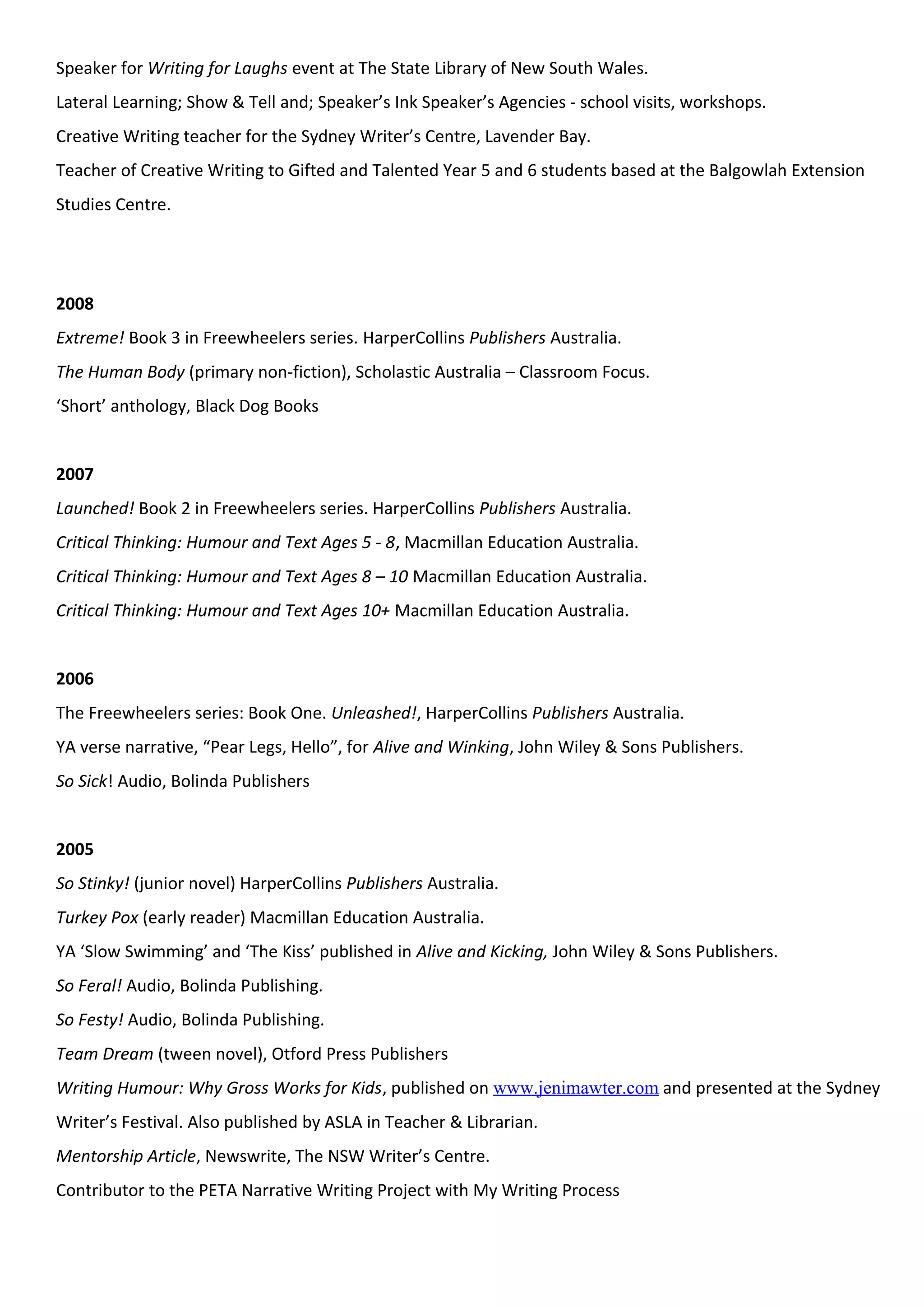 Jeni Mawter CV and Published Works 2015 | PDF