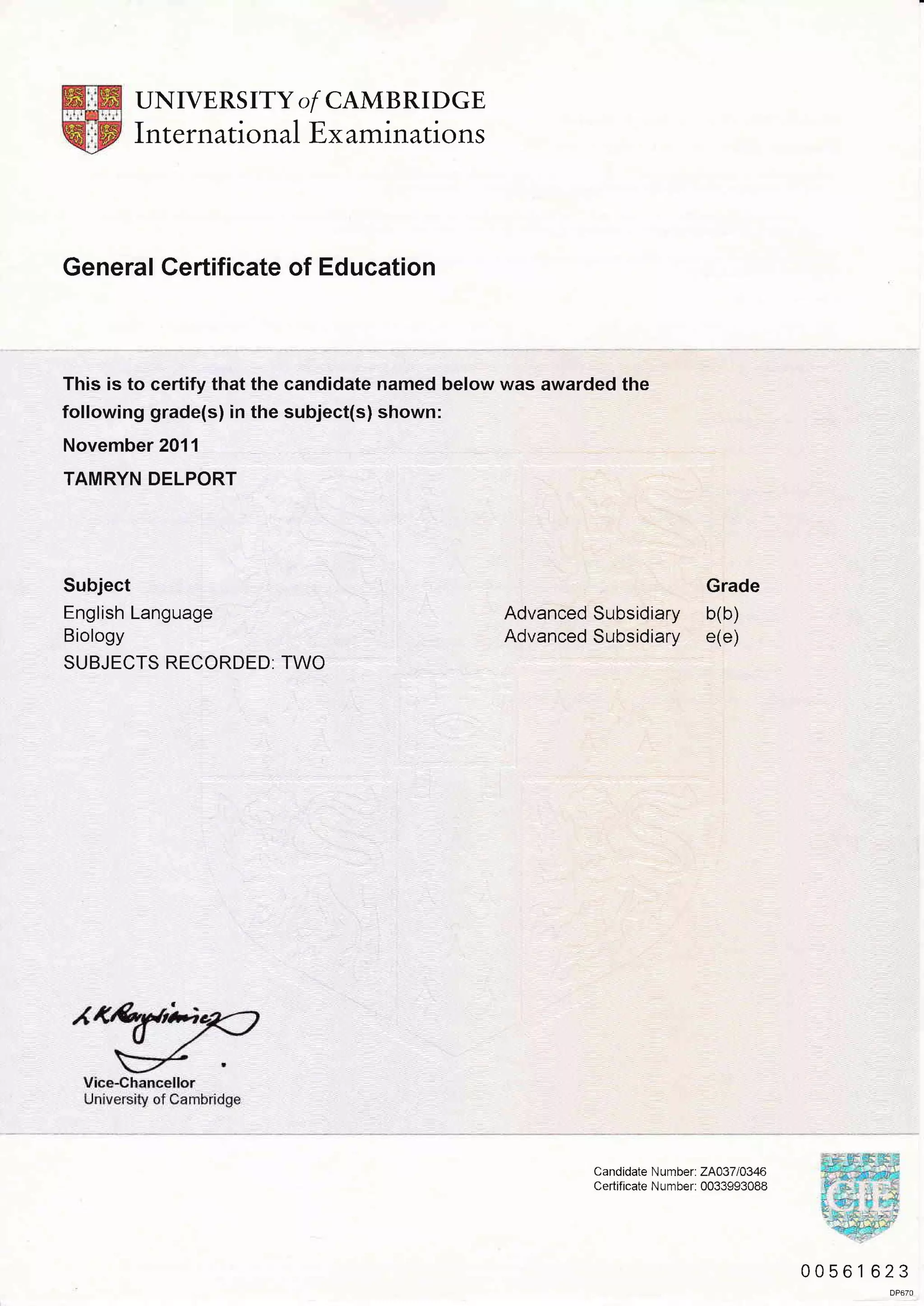 Tamryn Delport - Education and qualifications - AS Level & IGCSE Level | PDF