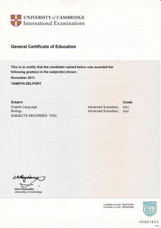 Tamryn Delport - Education and qualifications - AS Level & IGCSE Level ...