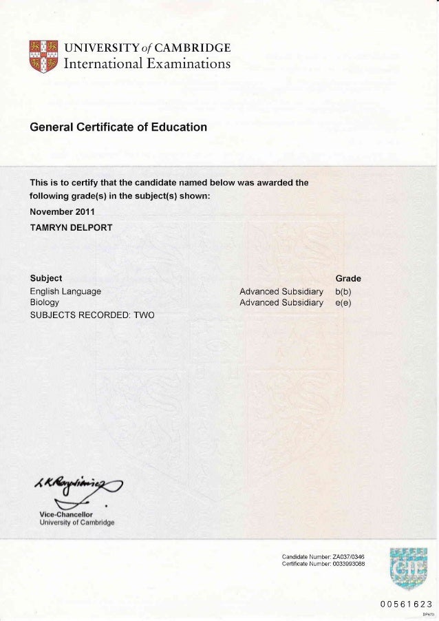 Tamryn Delport - Education and qualifications - AS Level & IGCSE Level