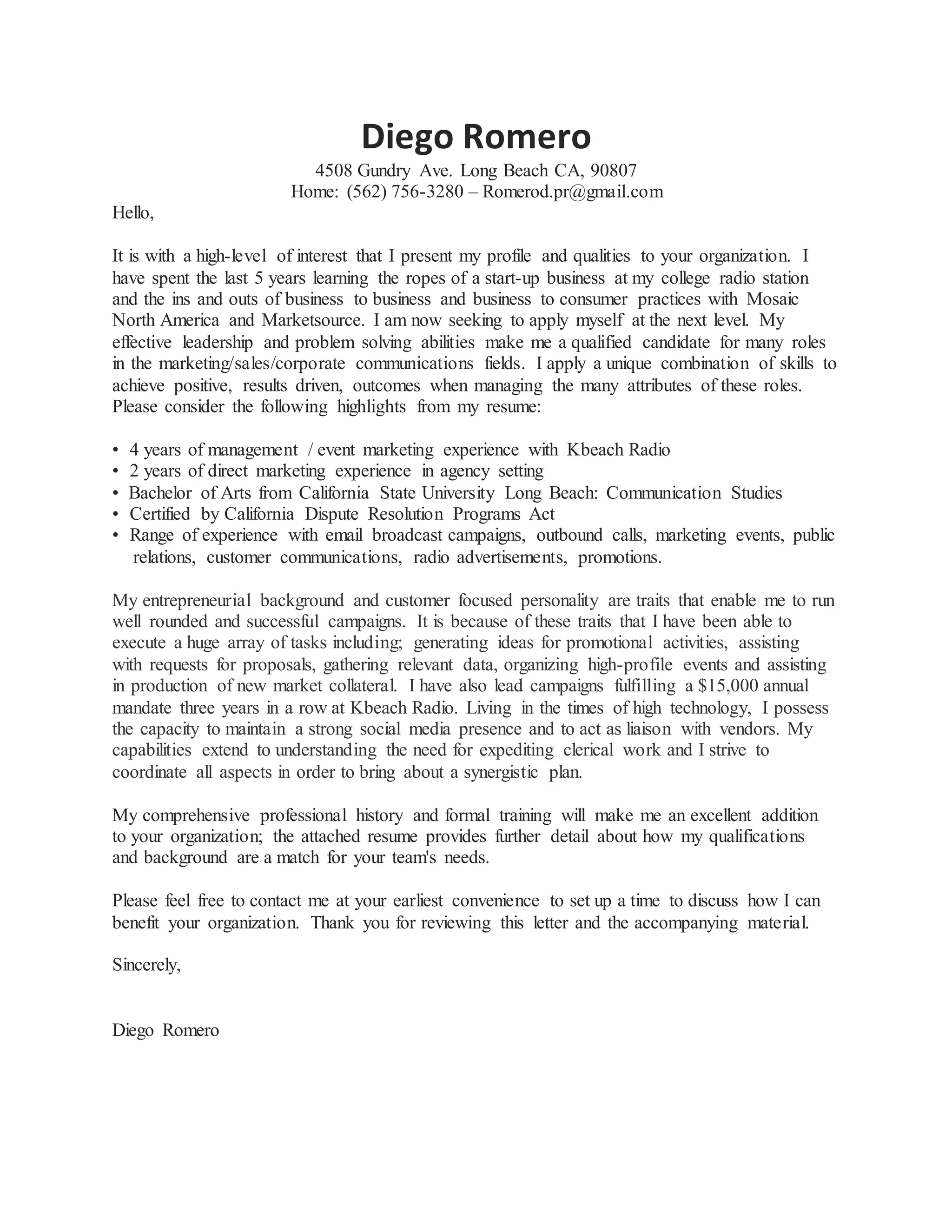 Diego Romero - Cover Letter | DOCX | Marketing and Advertising | Business