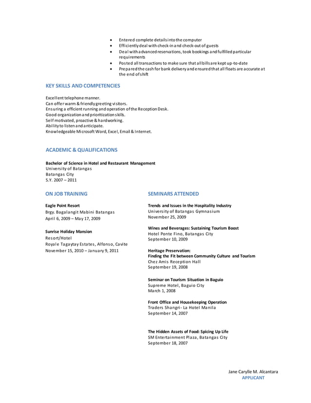 JANE UPDATED CV | DOCX | Hotels and Motels | Travel Type