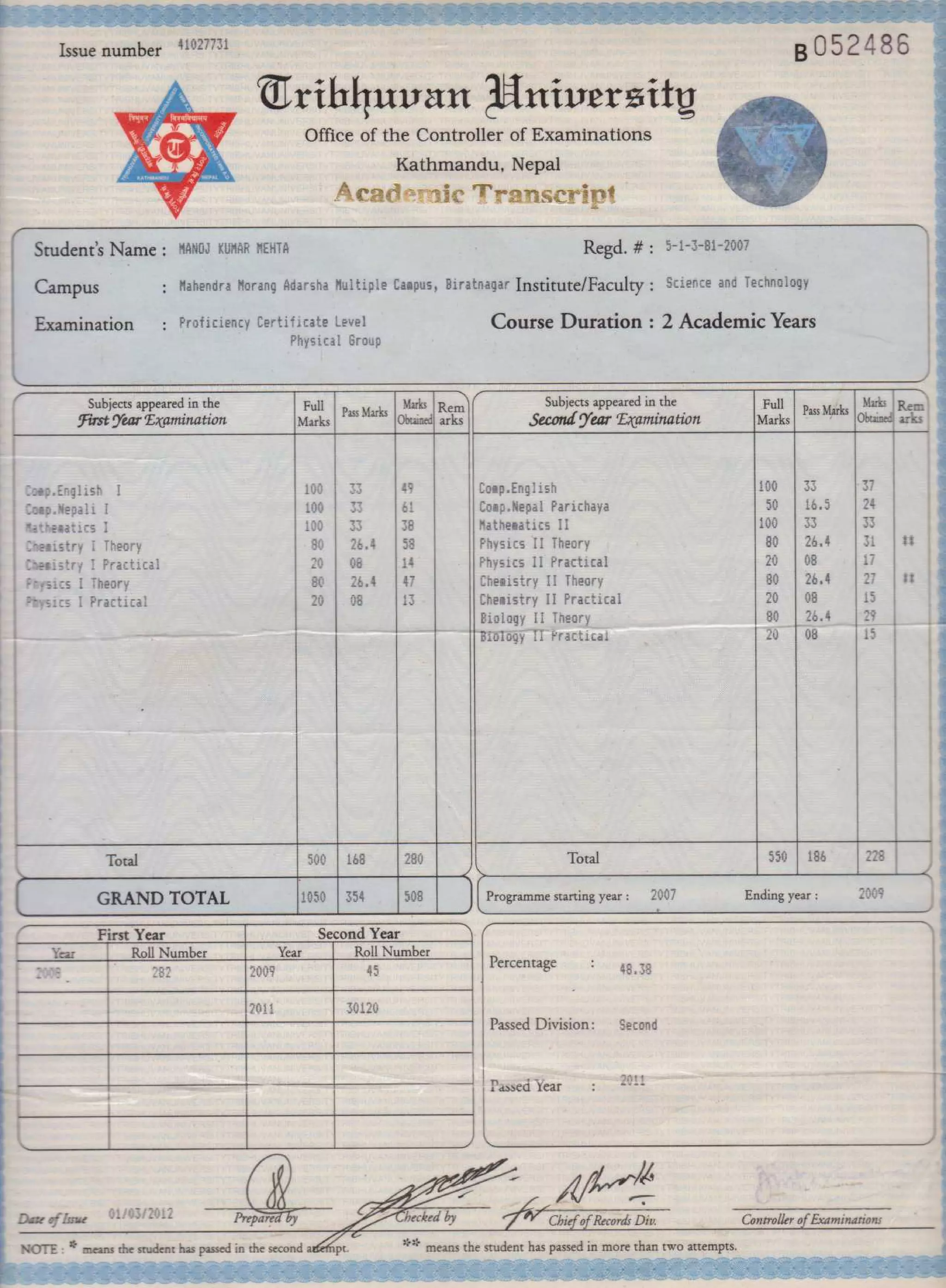 I.Sc. Academic Transcript | PDF