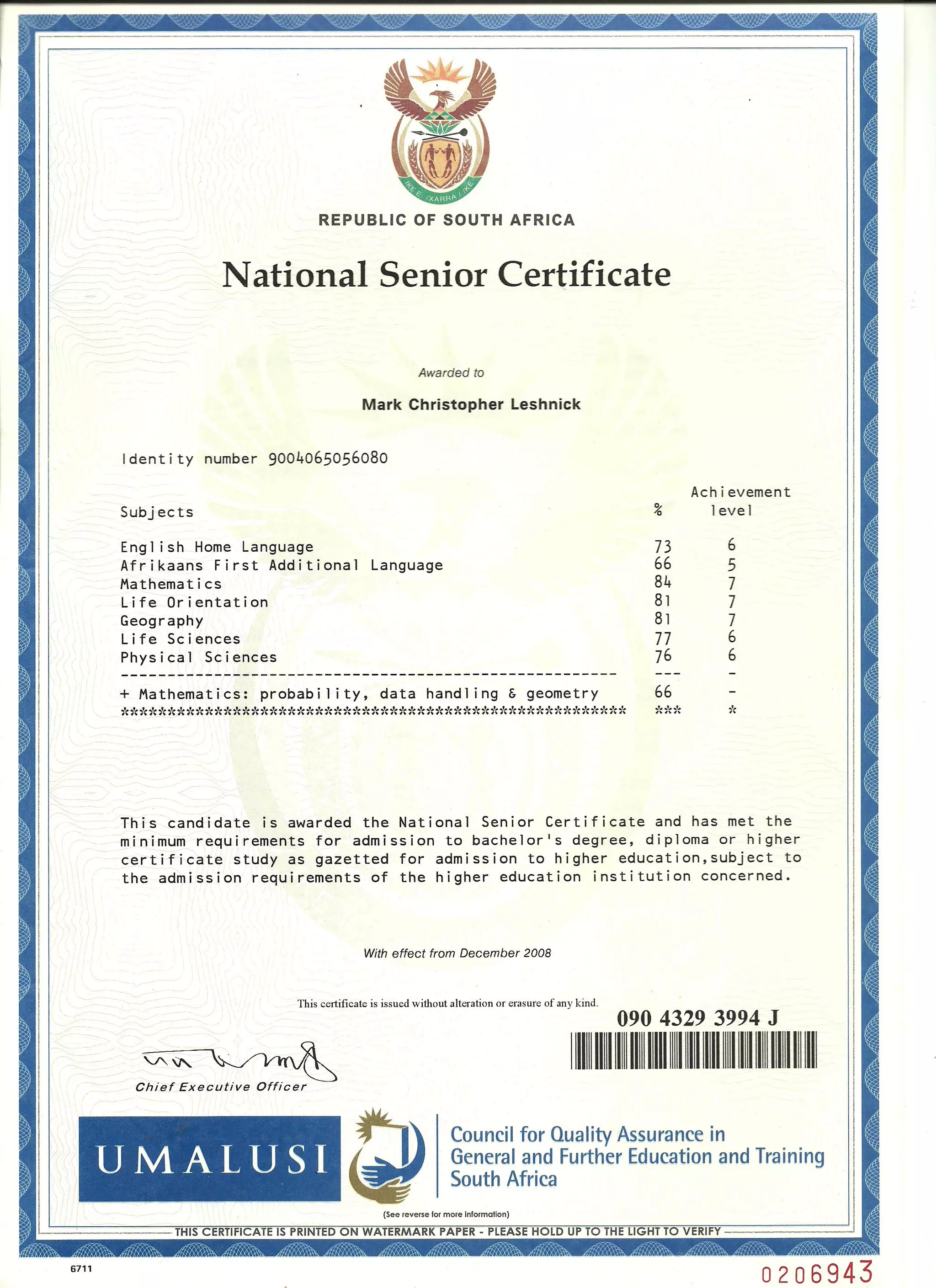 Matric Certificate - 2008 | PDF