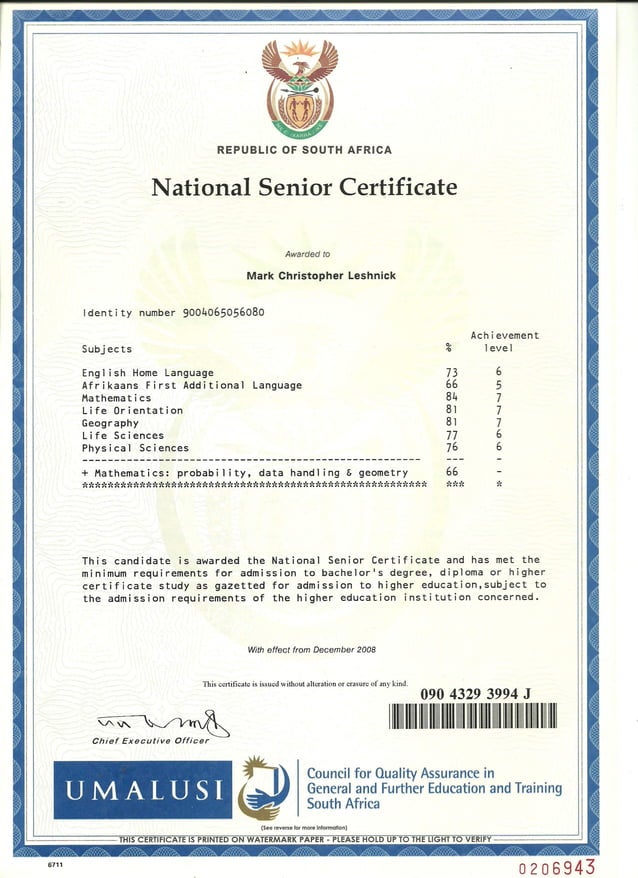 Matric Certificate - 2008 | PDF