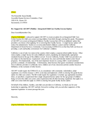AB 1897 (Mullin) Sample Support Letter | DOCX | Daycare and Pre-School ...