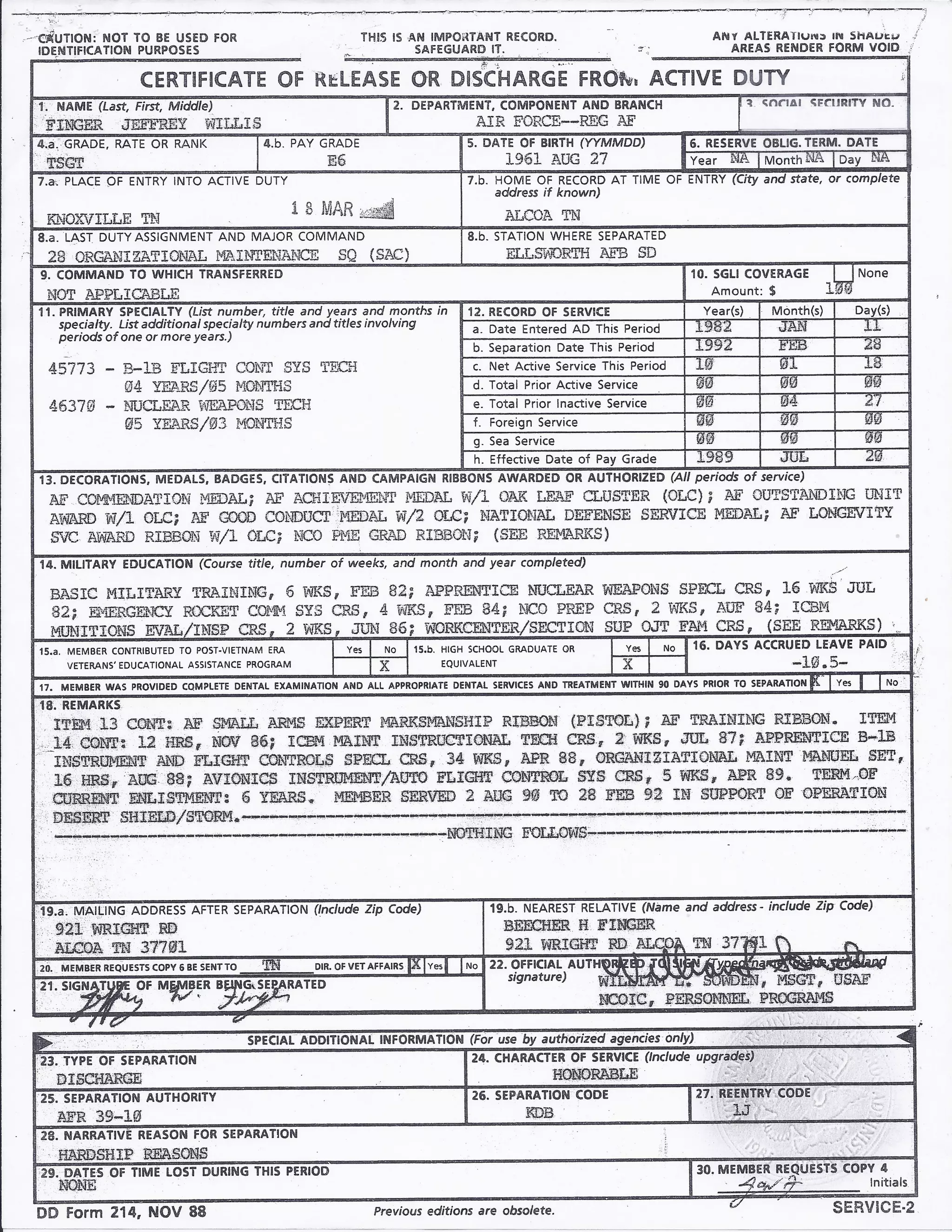 DD Form 214; Jeff Finger (Page 1 of 2) | PDF