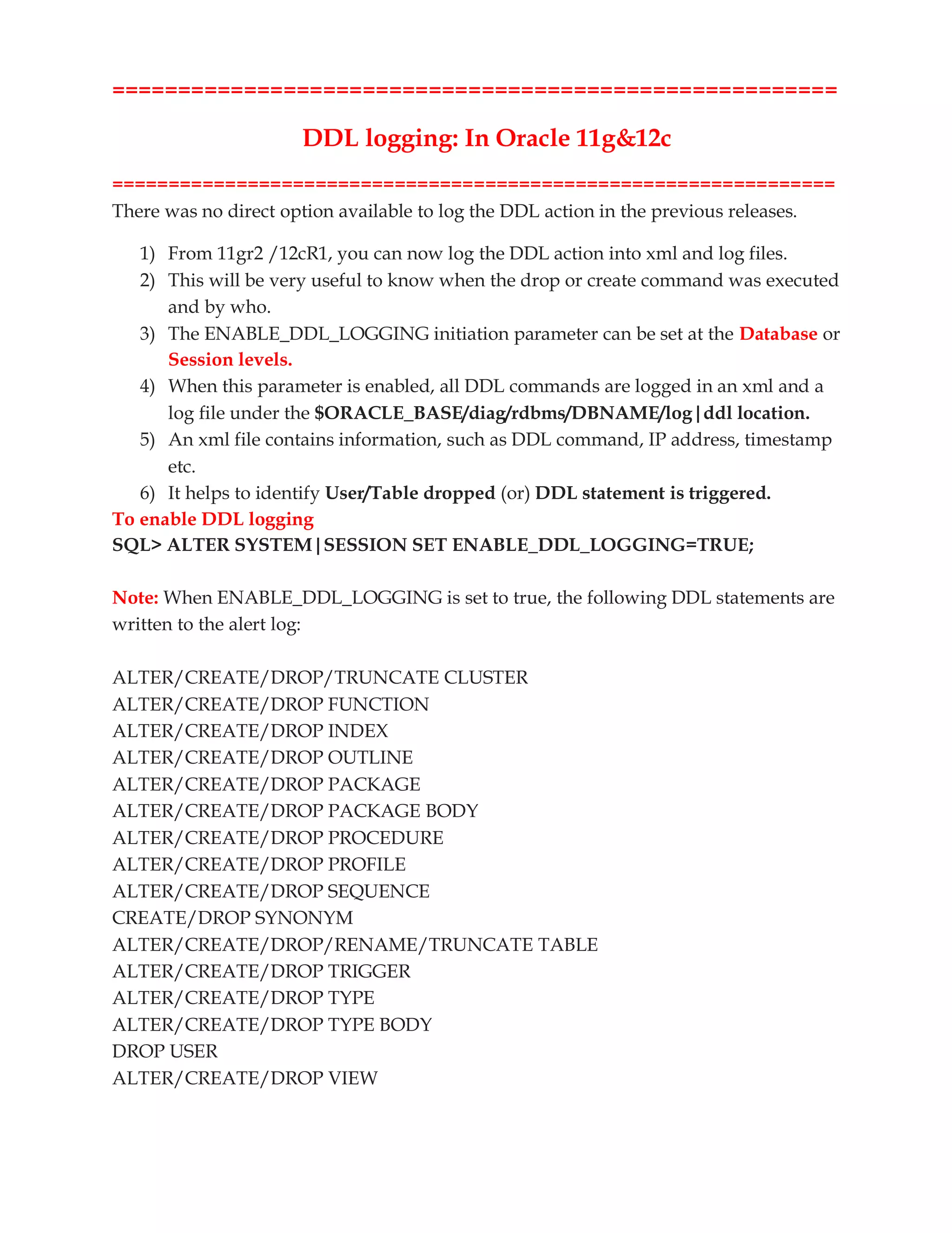 DDL logging Parameter in Oracle 11g & 12c | PDF