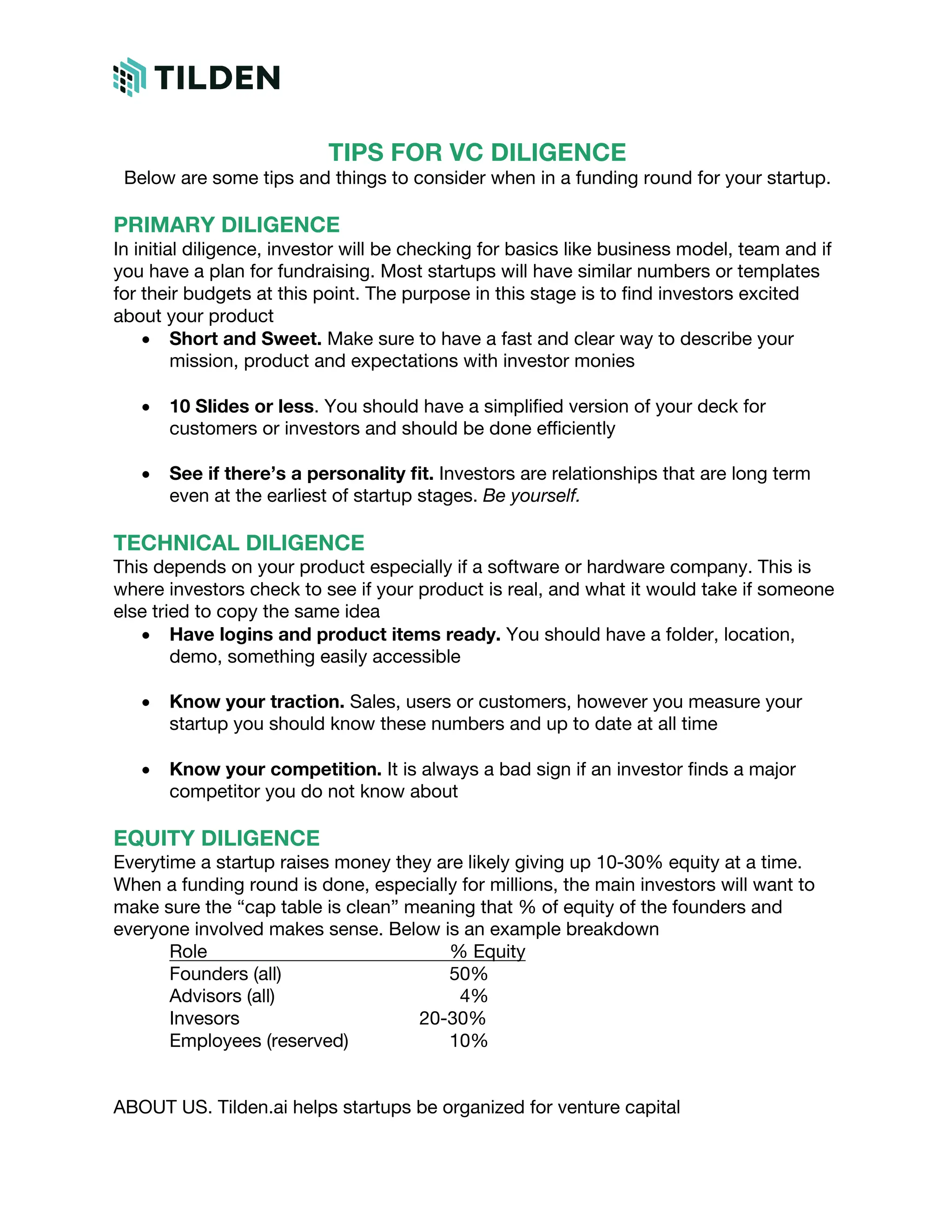 Diligence Checklist for Early Stage Startups | PDF