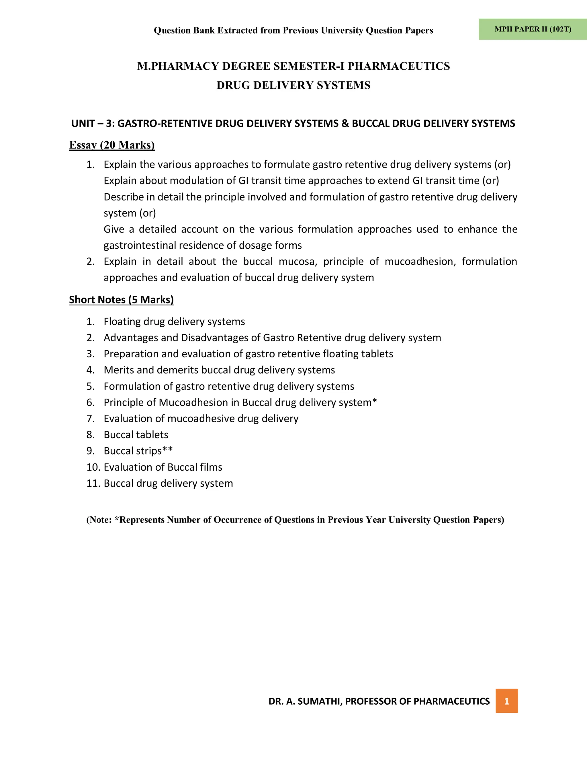 Dr. A. Sumathi - M.Pharm Question Bank - DDS | PDF