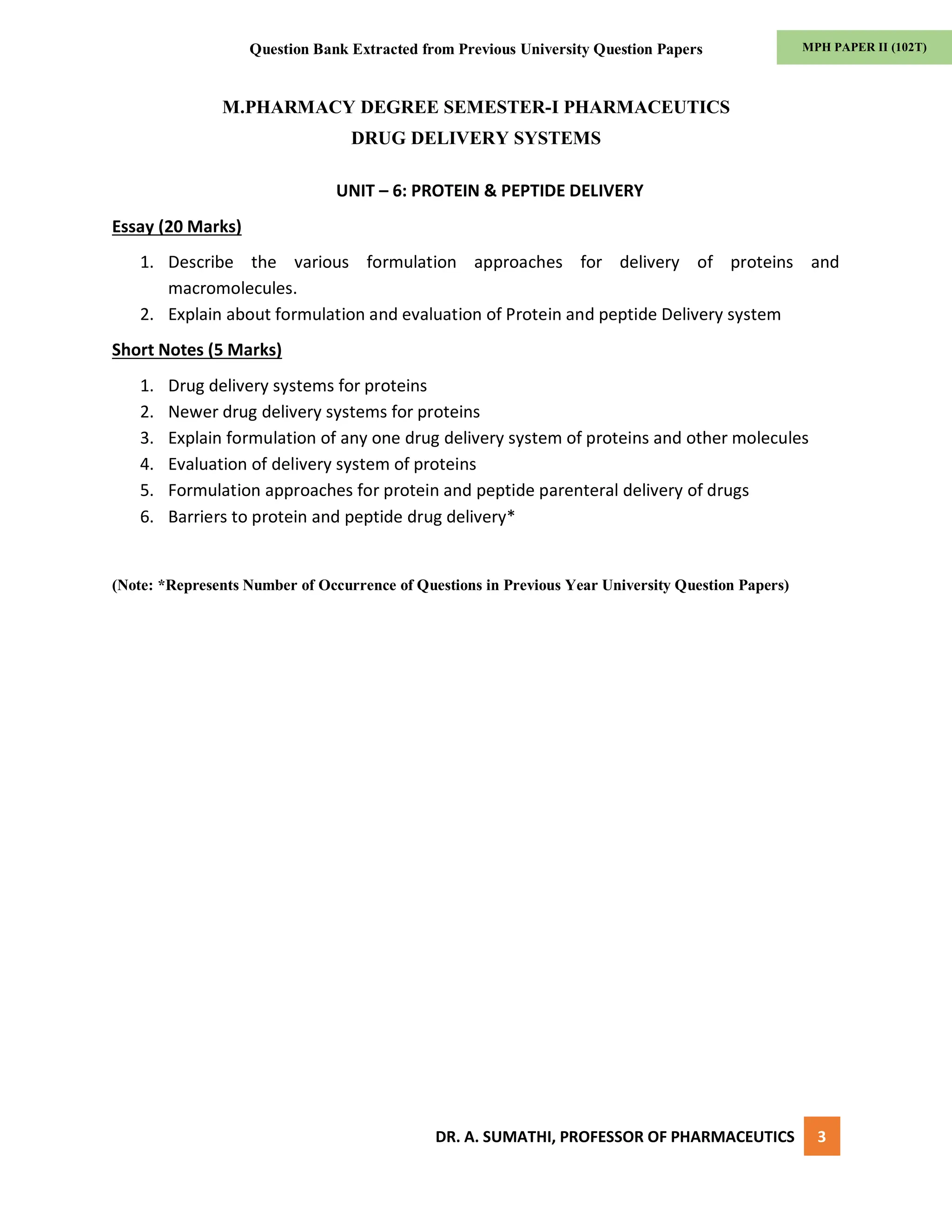 Dr. A. Sumathi - M.Pharm Question Bank - DDS | PDF