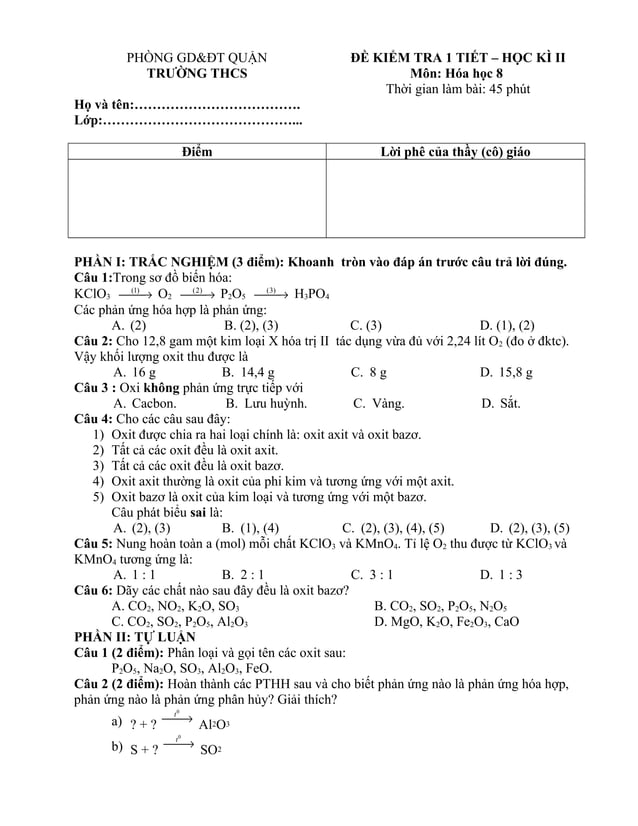 Đề kiểm tra hóa học de 6 | PDF