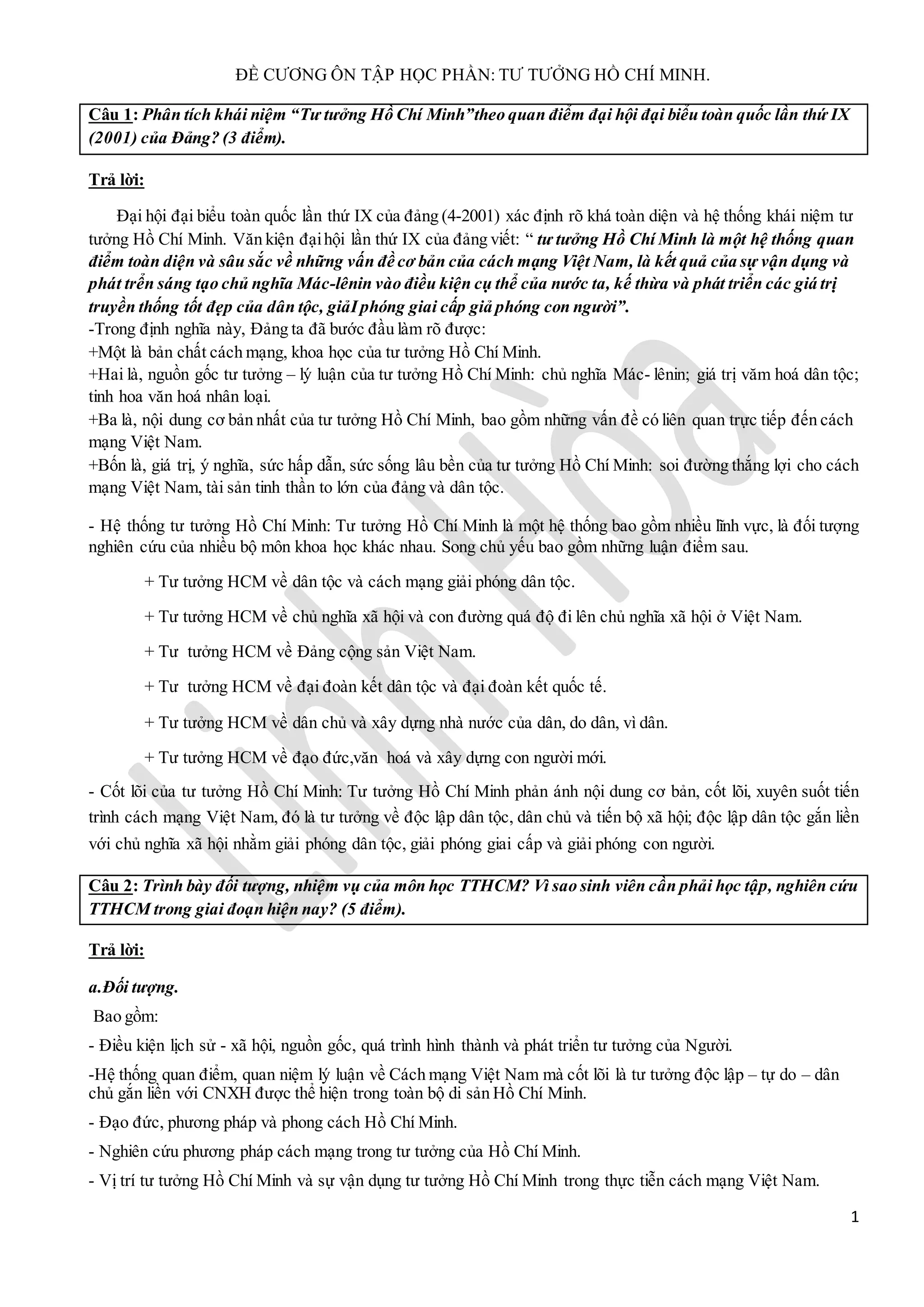 ĐỀ CƯƠNG ÔN TẬP HỌC PHẦN: TƯ TƯỞNG HỒ CHÍ MINH | DOC