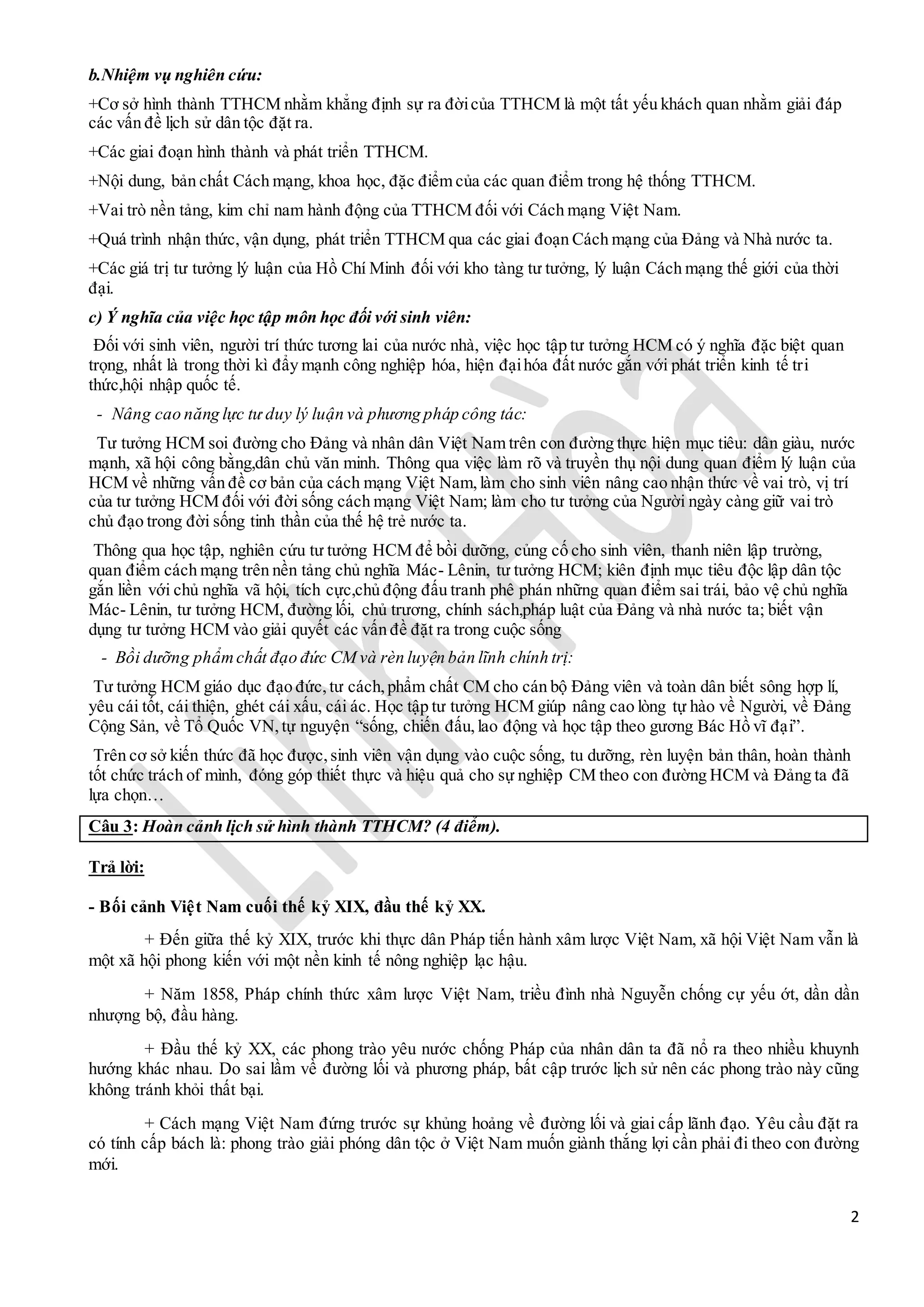 ĐỀ CƯƠNG ÔN TẬP HỌC PHẦN: TƯ TƯỞNG HỒ CHÍ MINH | DOC