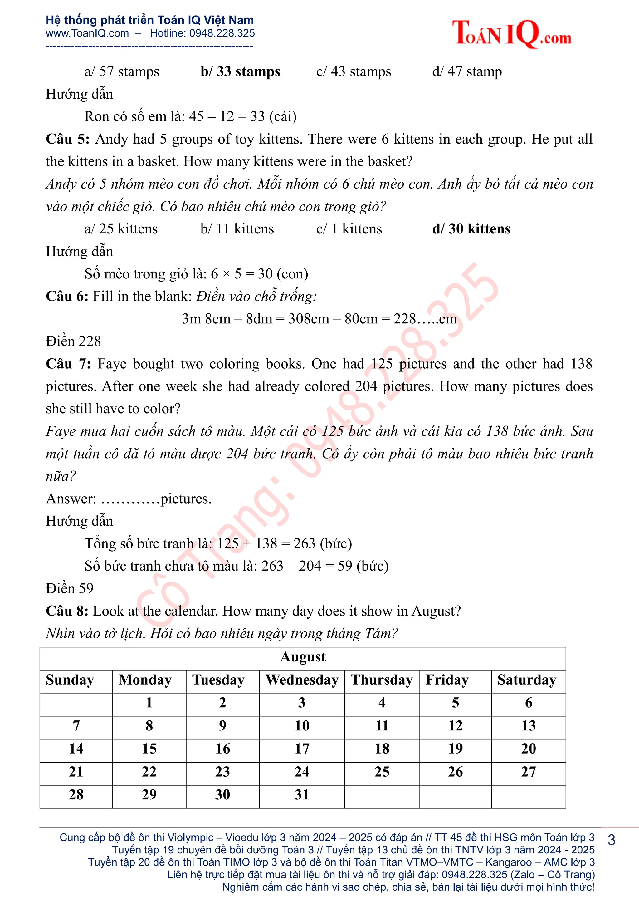 Đề ôn thi Violympic Toán Tiếng Anh lớp 3 năm 2024 - 2025 | PDF