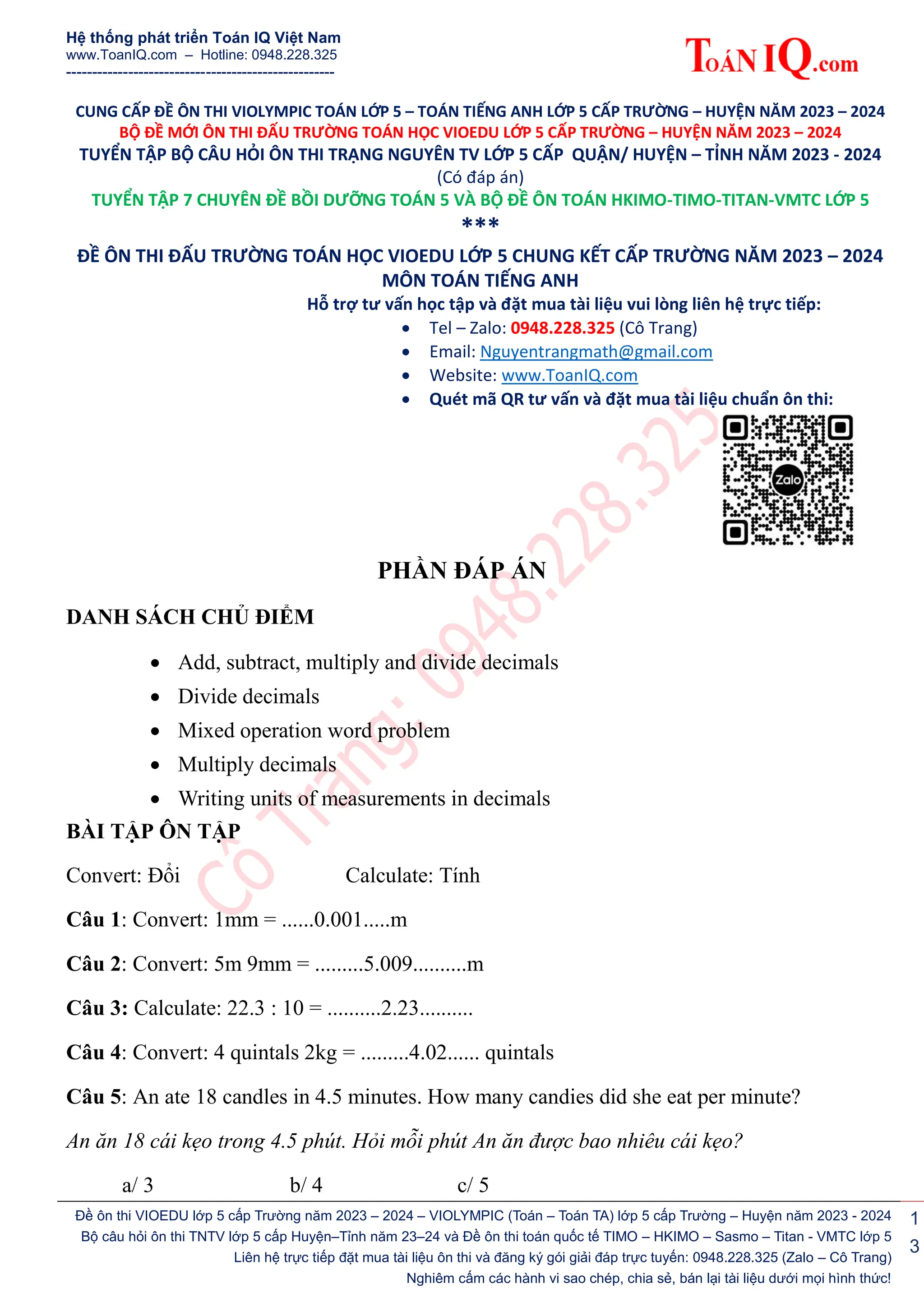 Đề ôn thi VIOEDU lớp 5 cấp Trường năm 2023 - 2024 theo chủ điểm | PDF