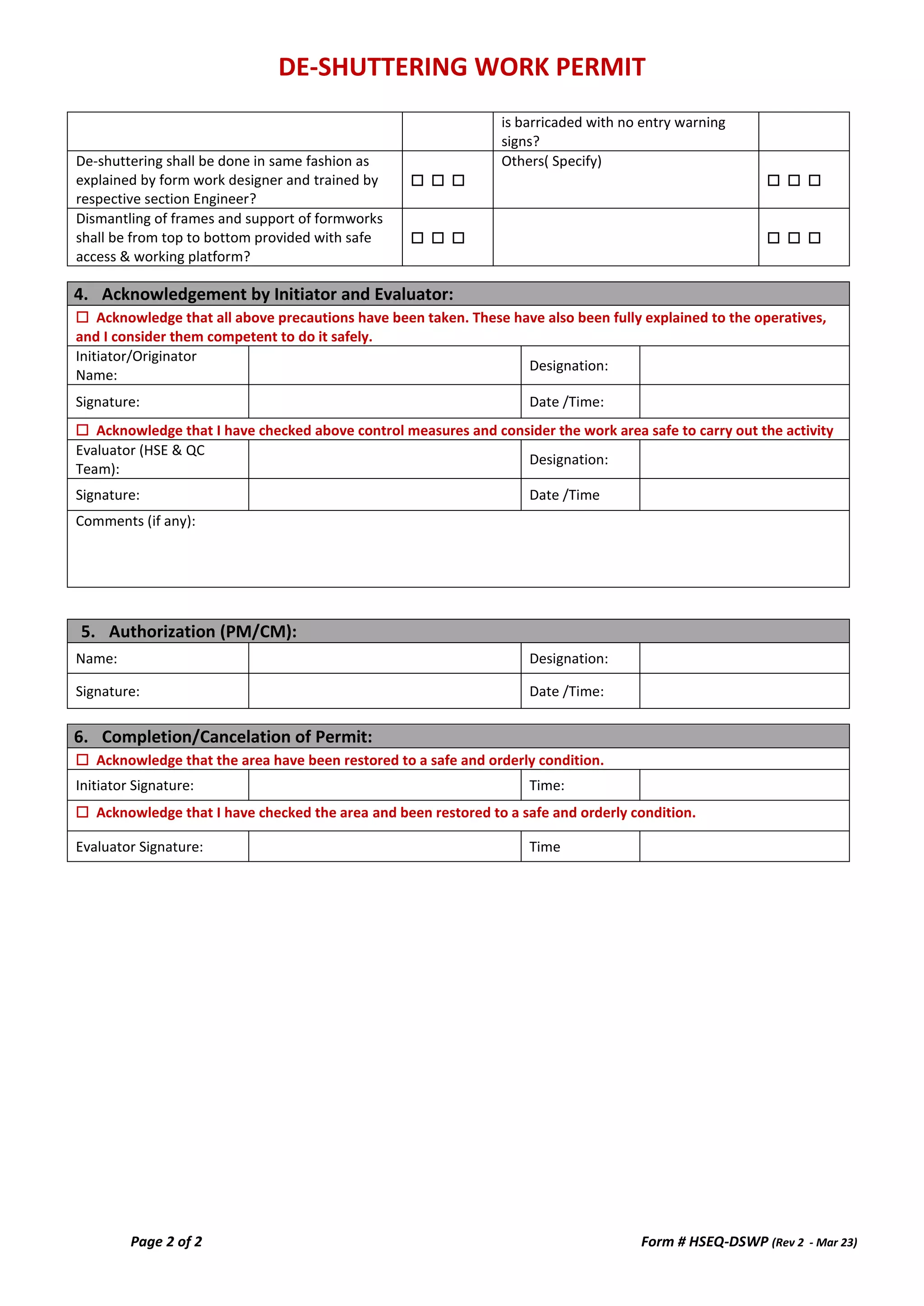 DE-SHUTTERING WORK PERMIT Form # HSEQ - DSWP Rev 2.docx