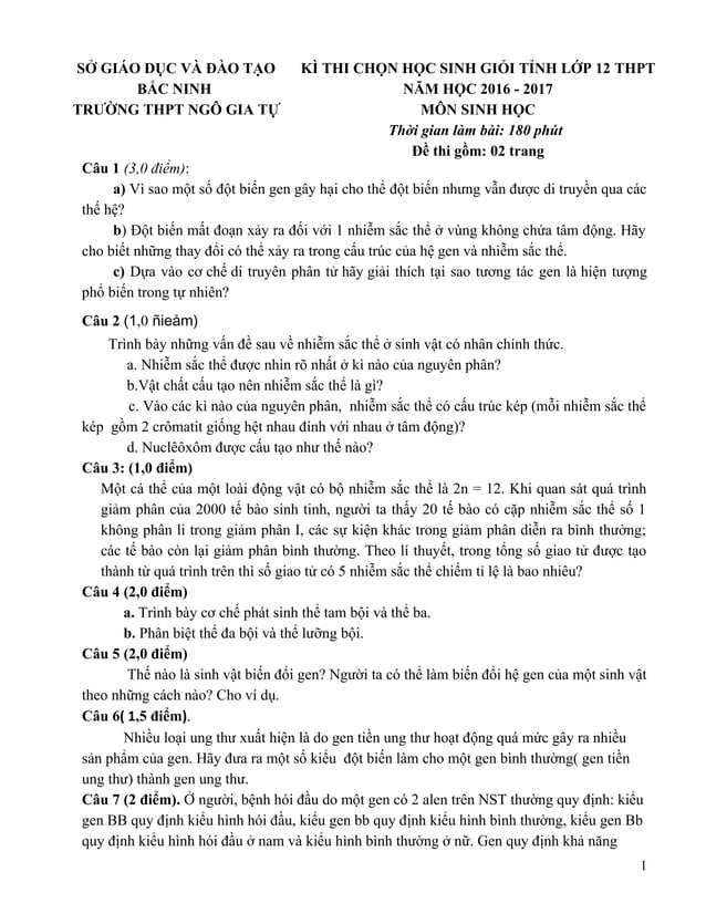 Đề thi chọn HSG môn sinh học (CÓ ĐÁP ÁN) trường THPT Ngô Gia Tự - Bắc Ninh | DOC