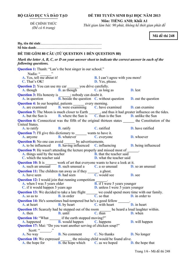 De thi-dai-hoc-mon-tieng-anh-khoi-a1-2013-ma-de-248 | PDF