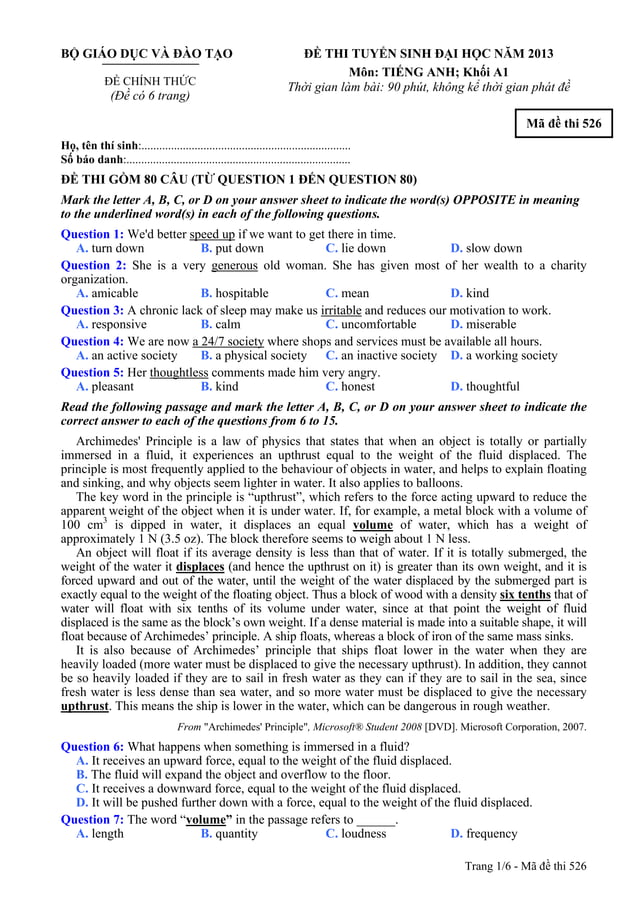 De thi-dai-hoc-mon-tieng-anh-khoi-a1-2013-ma-de-526 | PDF | Physics | Science