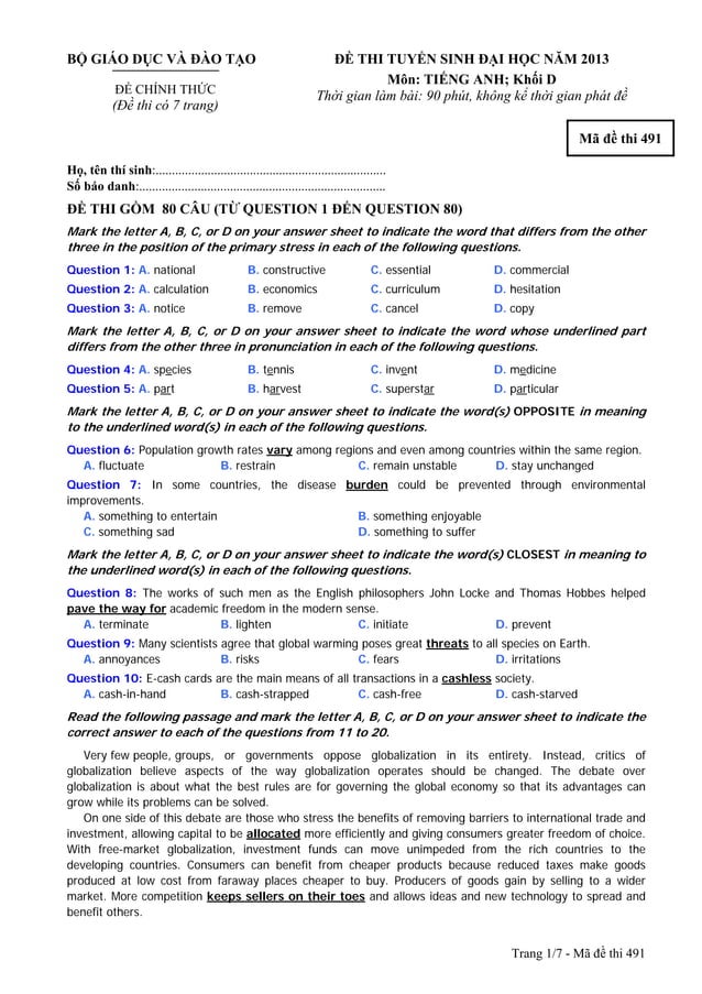 De thi-dai-hoc-mon-tieng-anh-khoi-d-nam-2013-ma-de-491 | PDF