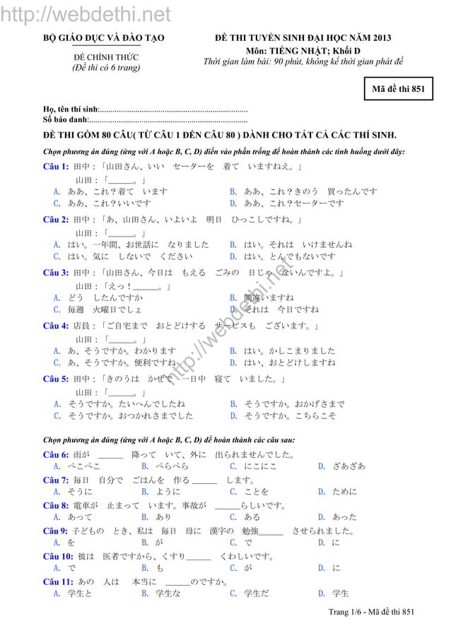 De thi-dai-hoc-mon-tieng-nhat-2013 | PDF