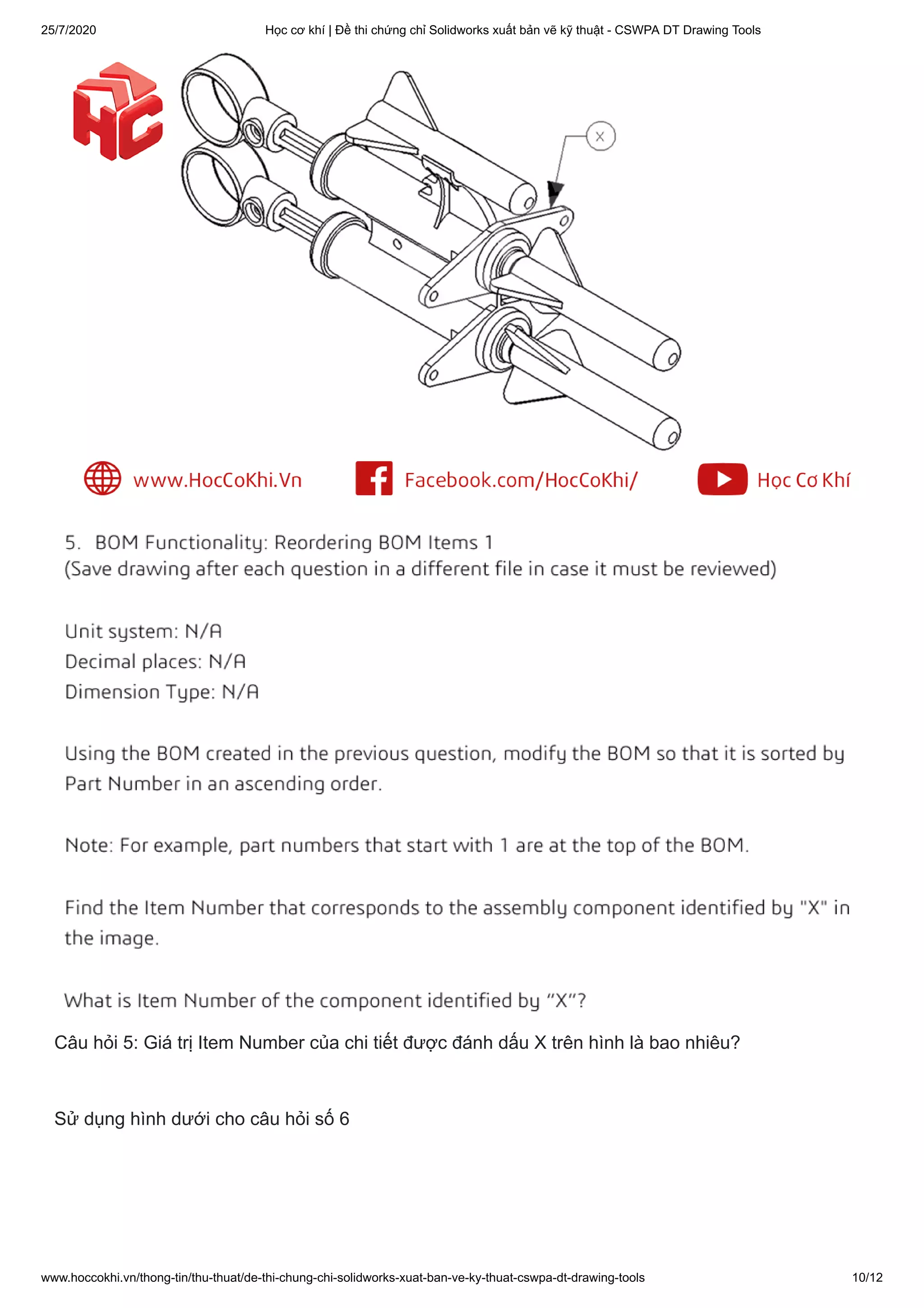 hoccokhi.vn Đề thi chứng chỉ Solidworks xuất bản vẽ kỹ thuật - CSWPA DT ...