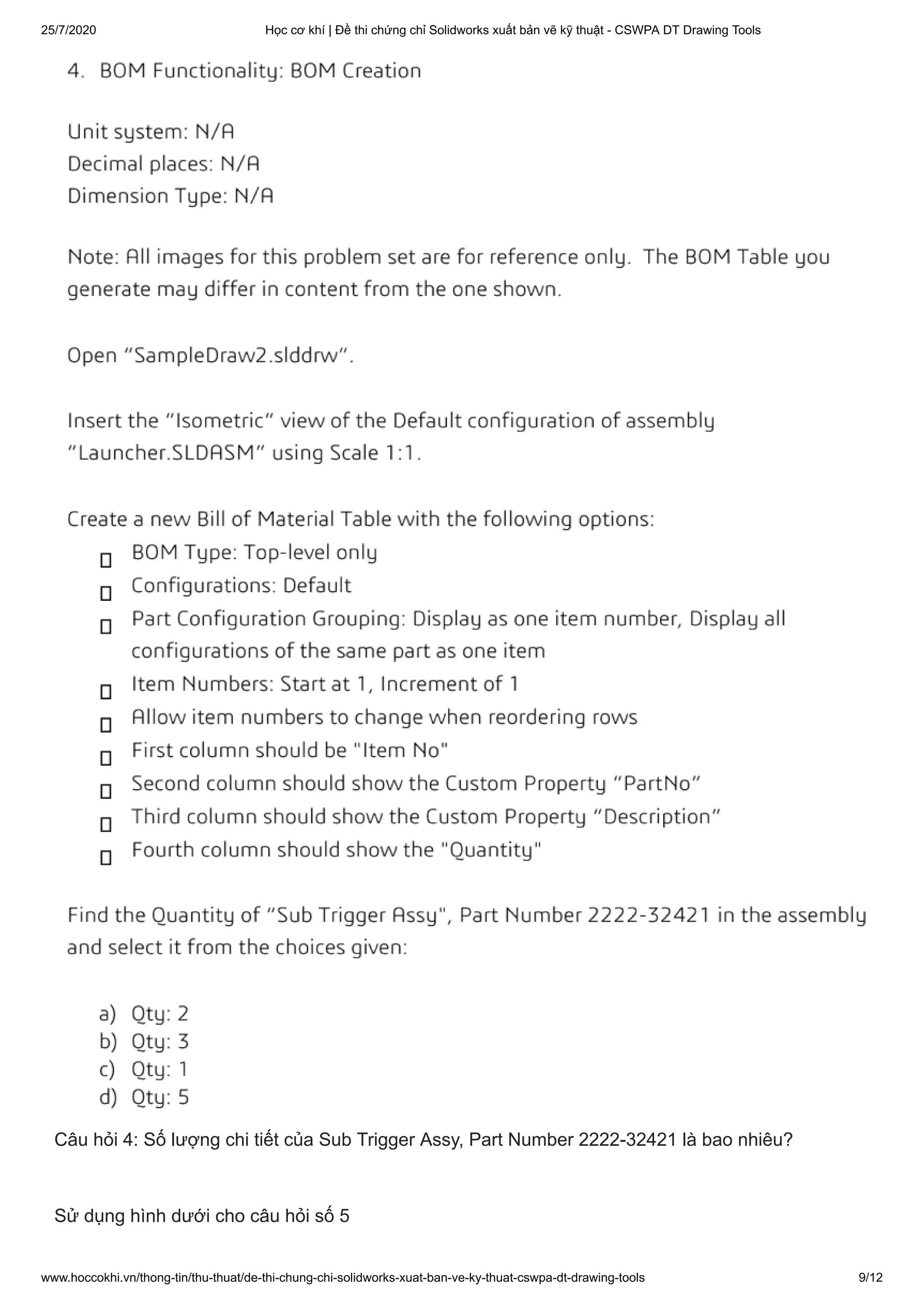 hoccokhi.vn Đề thi chứng chỉ Solidworks xuất bản vẽ kỹ thuật - CSWPA DT ...