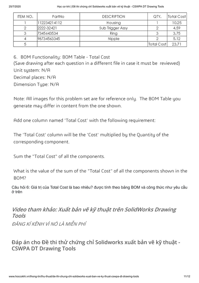 hoccokhi.vn Đề thi chứng chỉ Solidworks xuất bản vẽ kỹ thuật - CSWPA DT Drawing Tools | PDF