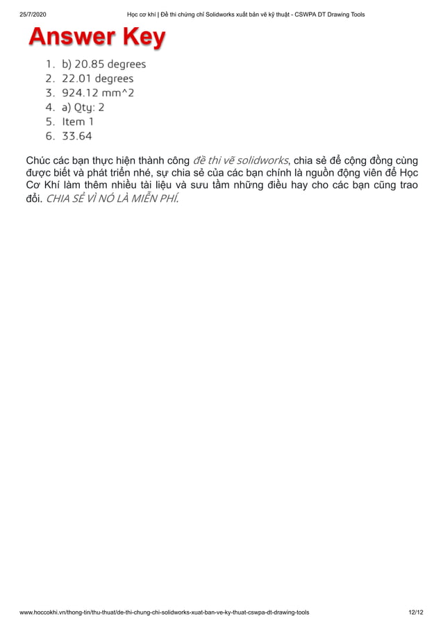 hoccokhi.vn Đề thi chứng chỉ Solidworks xuất bản vẽ kỹ thuật - CSWPA DT Drawing Tools | PDF