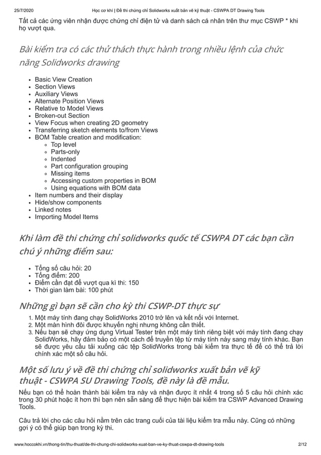 hoccokhi.vn Đề thi chứng chỉ Solidworks xuất bản vẽ kỹ thuật - CSWPA DT ...