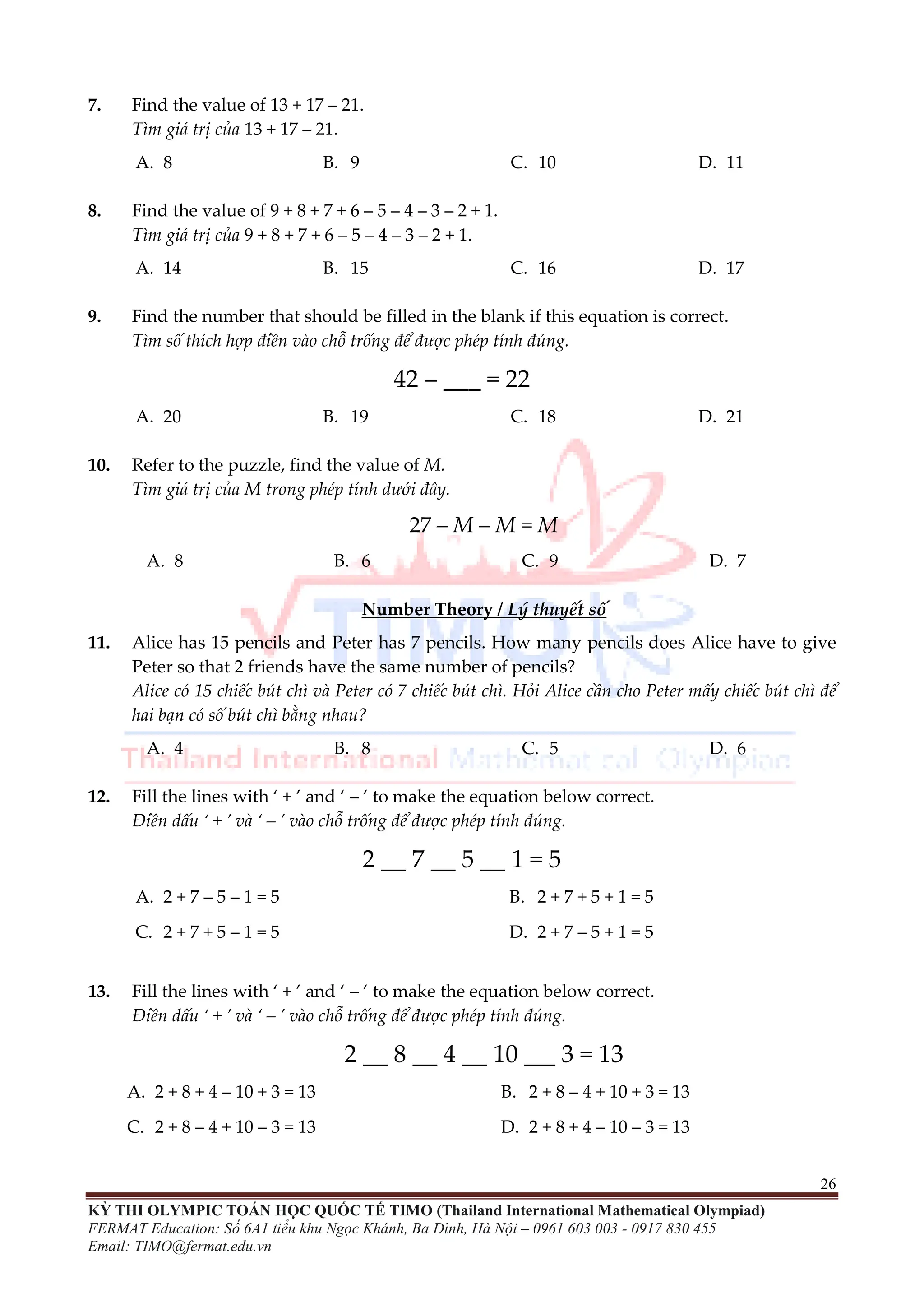 ĐỀ THI TOÁN TIMO LỚP 1 VÒNG LOẠI VÀ CHUNG KẾT QUỐC GIA | PDF