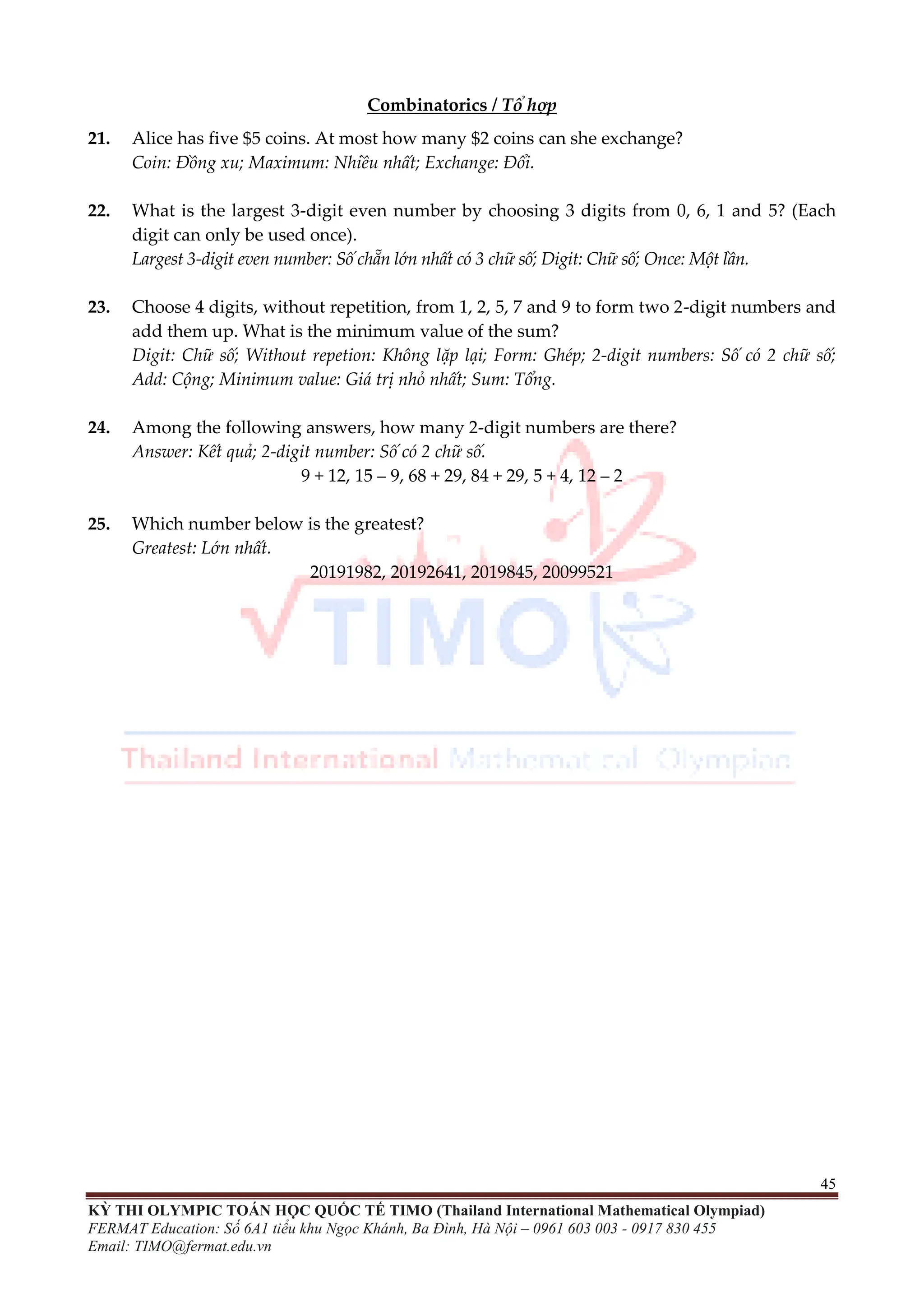 ĐỀ THI TOÁN TIMO LỚP 1 VÒNG LOẠI VÀ CHUNG KẾT QUỐC GIA | PDF