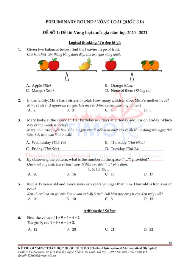 ĐỀ THI TOÁN TIMO LỚP 1 VÒNG LOẠI VÀ CHUNG KẾT QUỐC GIA | PDF