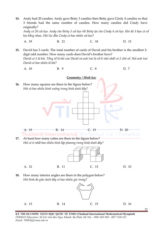 ĐỀ THI TOÁN TIMO LỚP 1 VÒNG LOẠI VÀ CHUNG KẾT QUỐC GIA | PDF