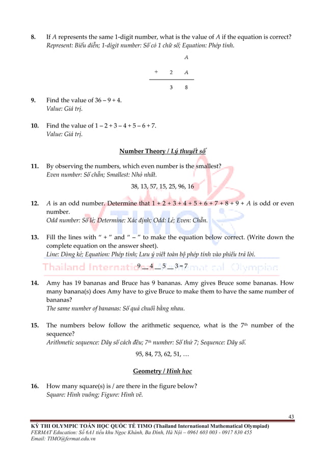 ĐỀ THI TOÁN TIMO LỚP 1 VÒNG LOẠI VÀ CHUNG KẾT QUỐC GIA | PDF