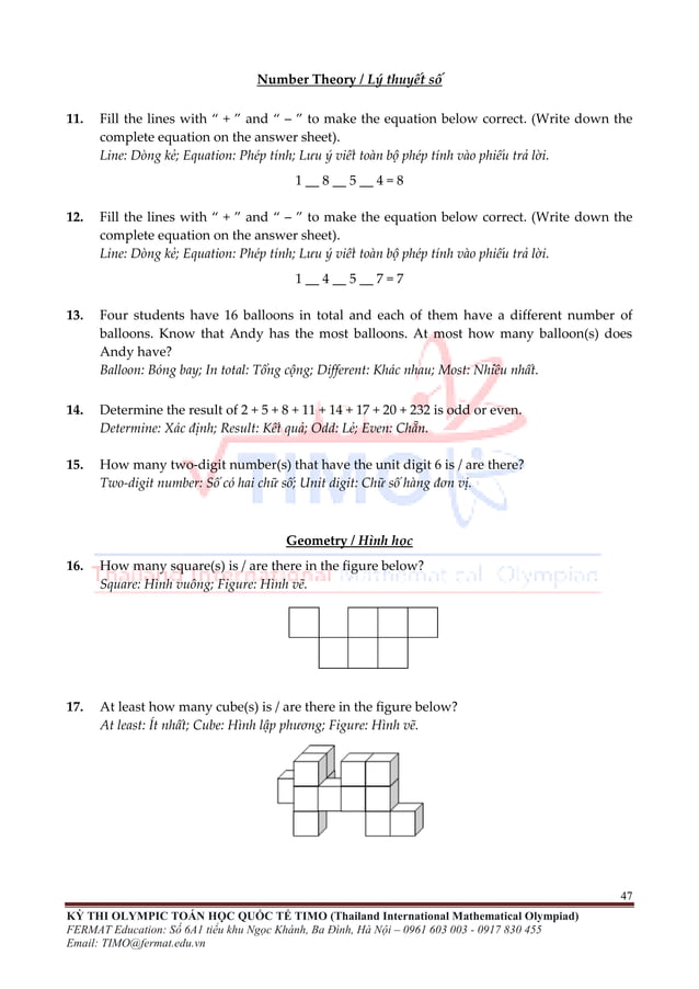 ĐỀ THI TOÁN TIMO LỚP 1 VÒNG LOẠI VÀ CHUNG KẾT QUỐC GIA | PDF