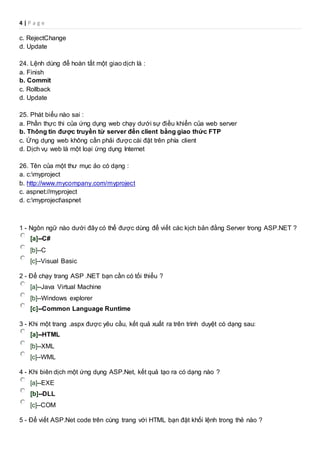 đề thi trắc nghiệm asp net co kem đáp án trên 400 câu hỏi thiết kế website kinh doanh 2 | DOC