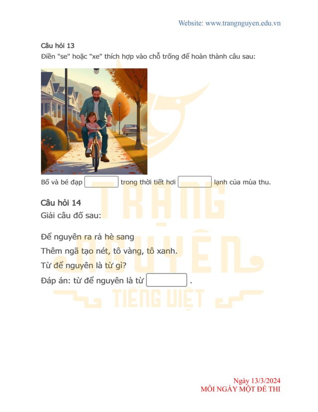 Đề thi Trạng nguyên Tiếng Việt lớp 1 cấp Tỉnh năm 2023 - 2024 (Đề chính thức) | PDF