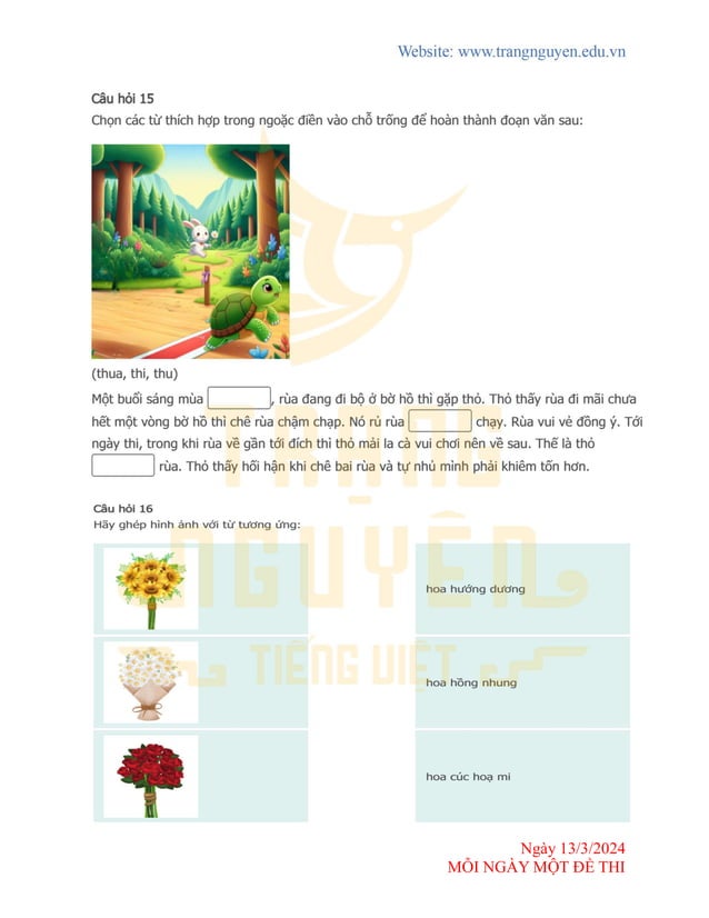 Đề thi Trạng nguyên Tiếng Việt lớp 1 cấp Tỉnh năm 2023 - 2024 (Đề chính thức) | PDF