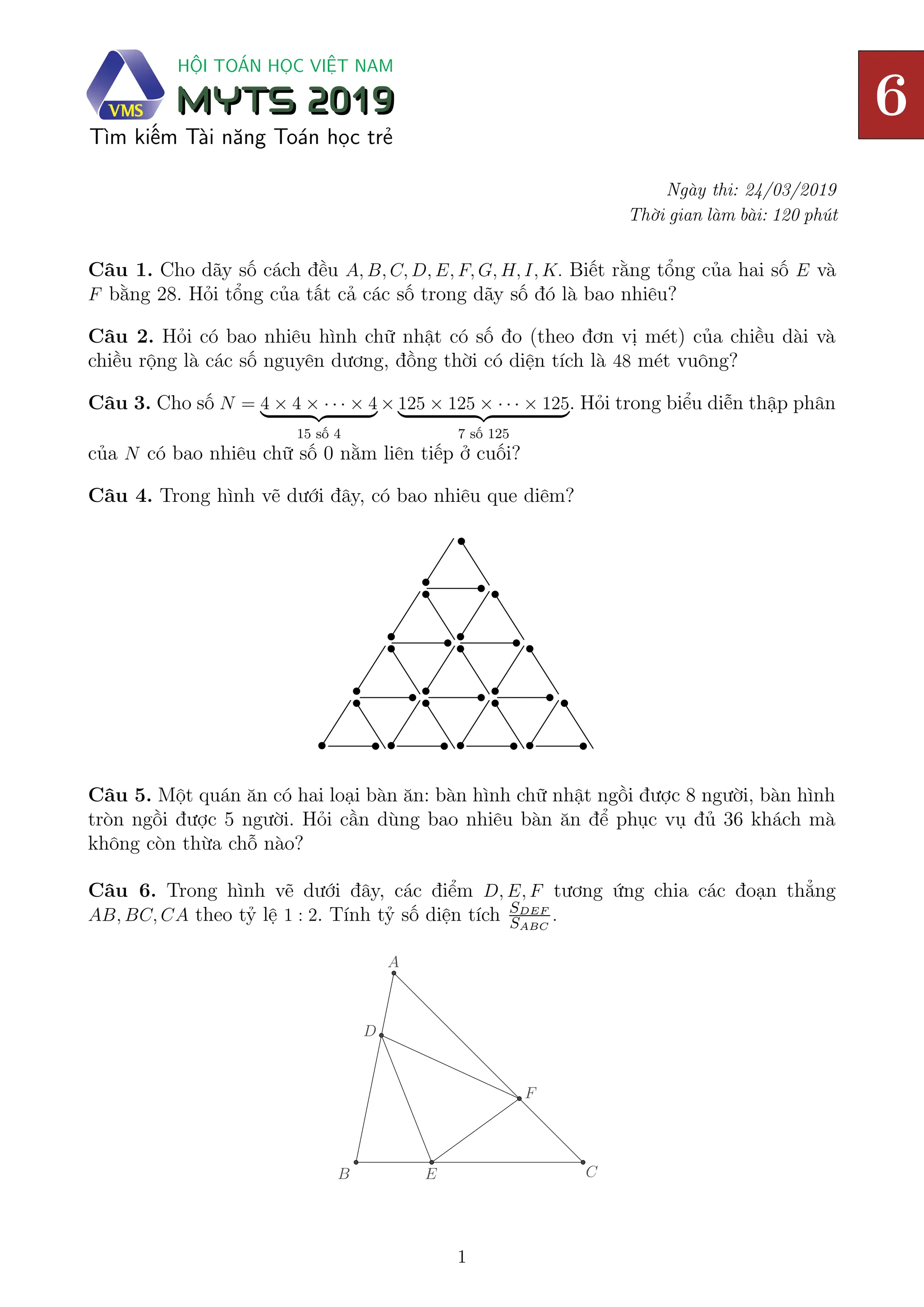 Đề thi VMTC lớp 6 năm 2019 (Thách thức Tài năng Toán học Việt Nam năm ...