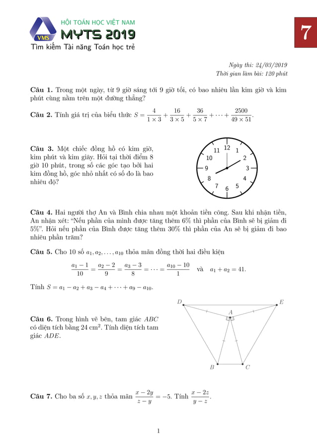 Đề thi VMTC lớp 7 năm 2019 (Thách thức Tài năng Toán học Việt Nam năm ...