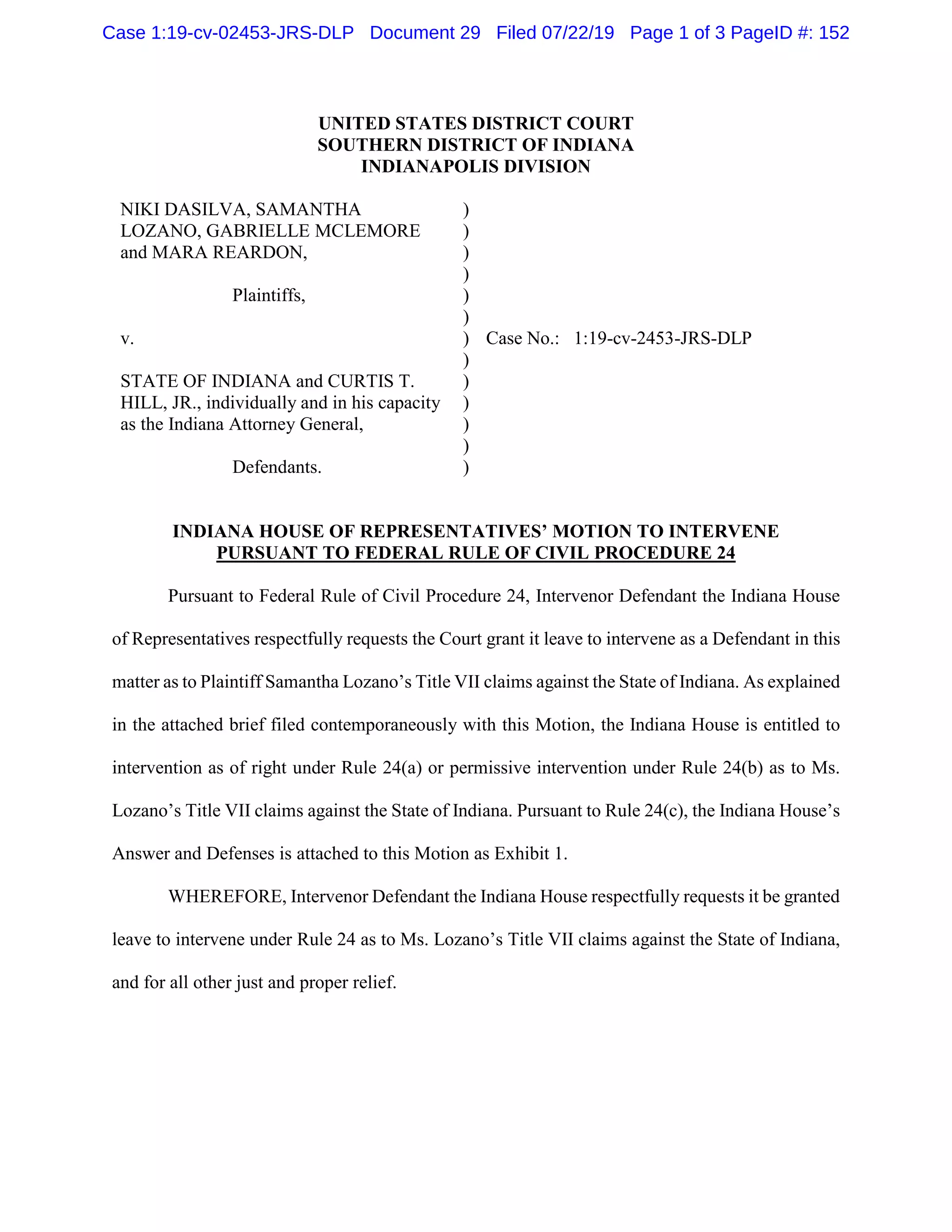 Indiana House - motion to intervene , filed by intervenor defendant ...