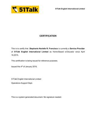 HBT Certification - Stephanie Norielle Francisco | PDF