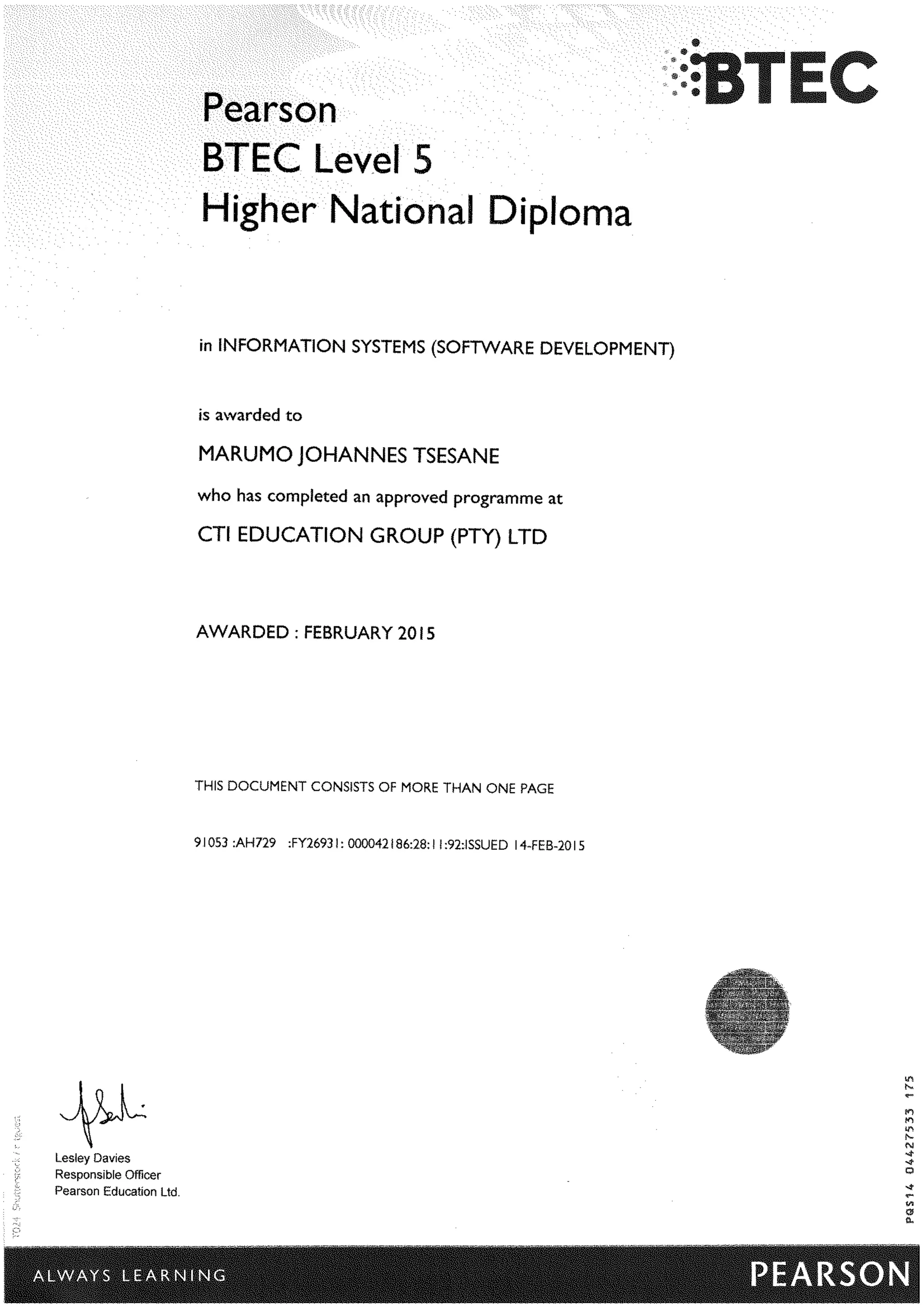 BTEC HND Certificate | PDF