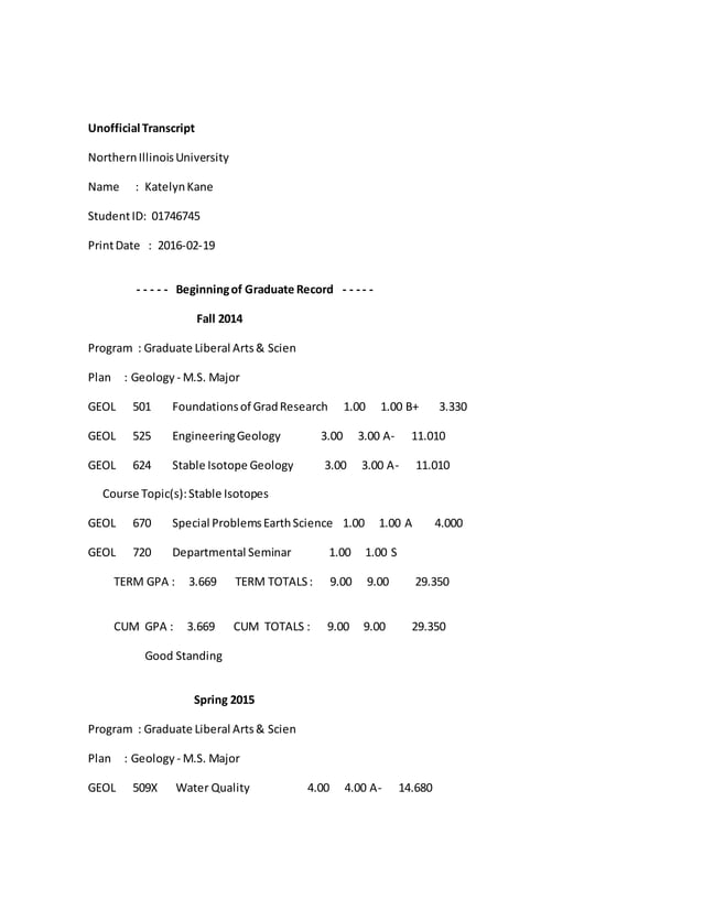 Unofficial Transcript NIU | PDF