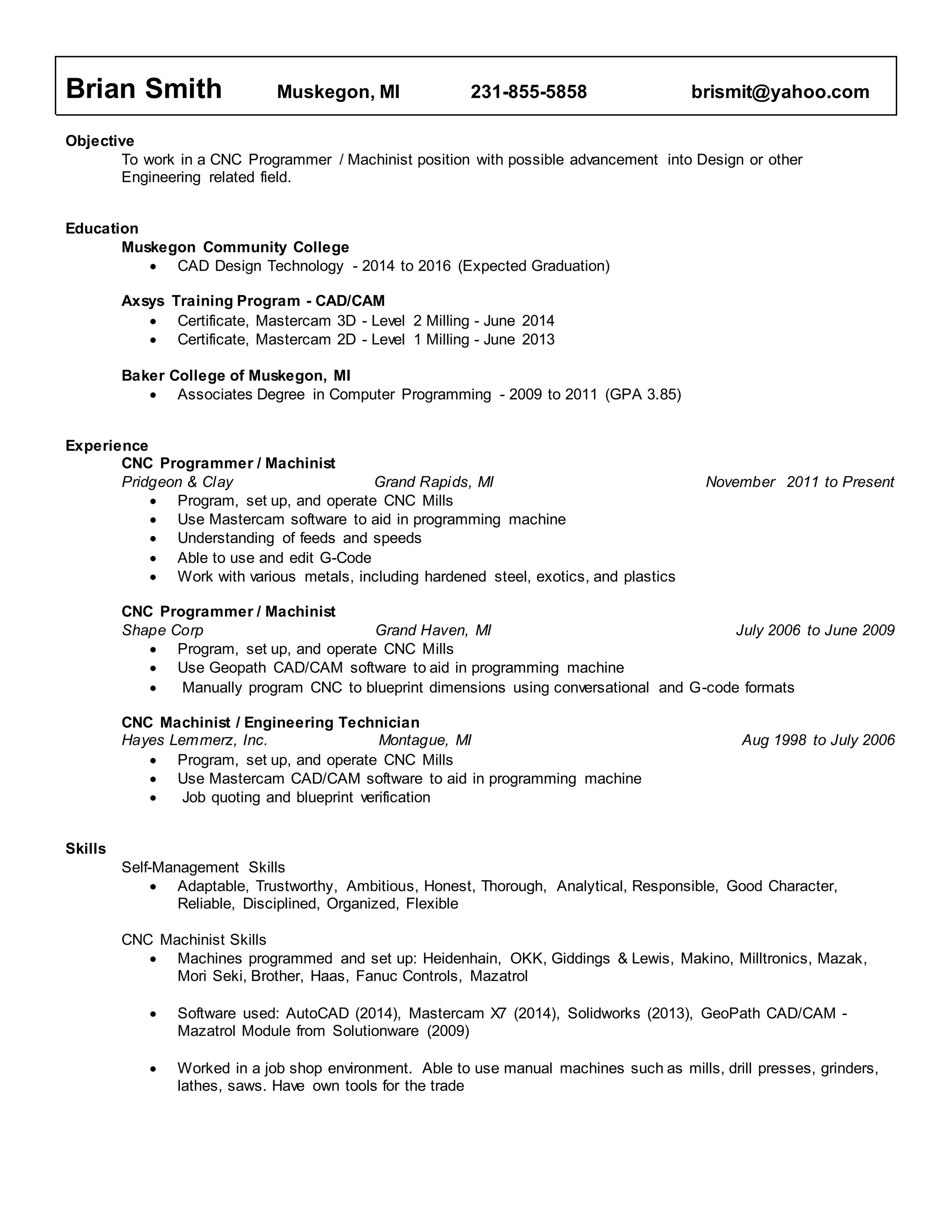Resume - Smith, Brian (CNC) | DOCX