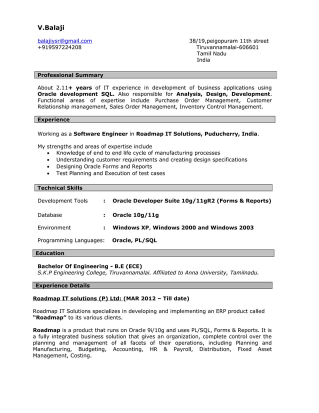 Resume for oracle developer | DOC | Databases | Computer Software and Applications