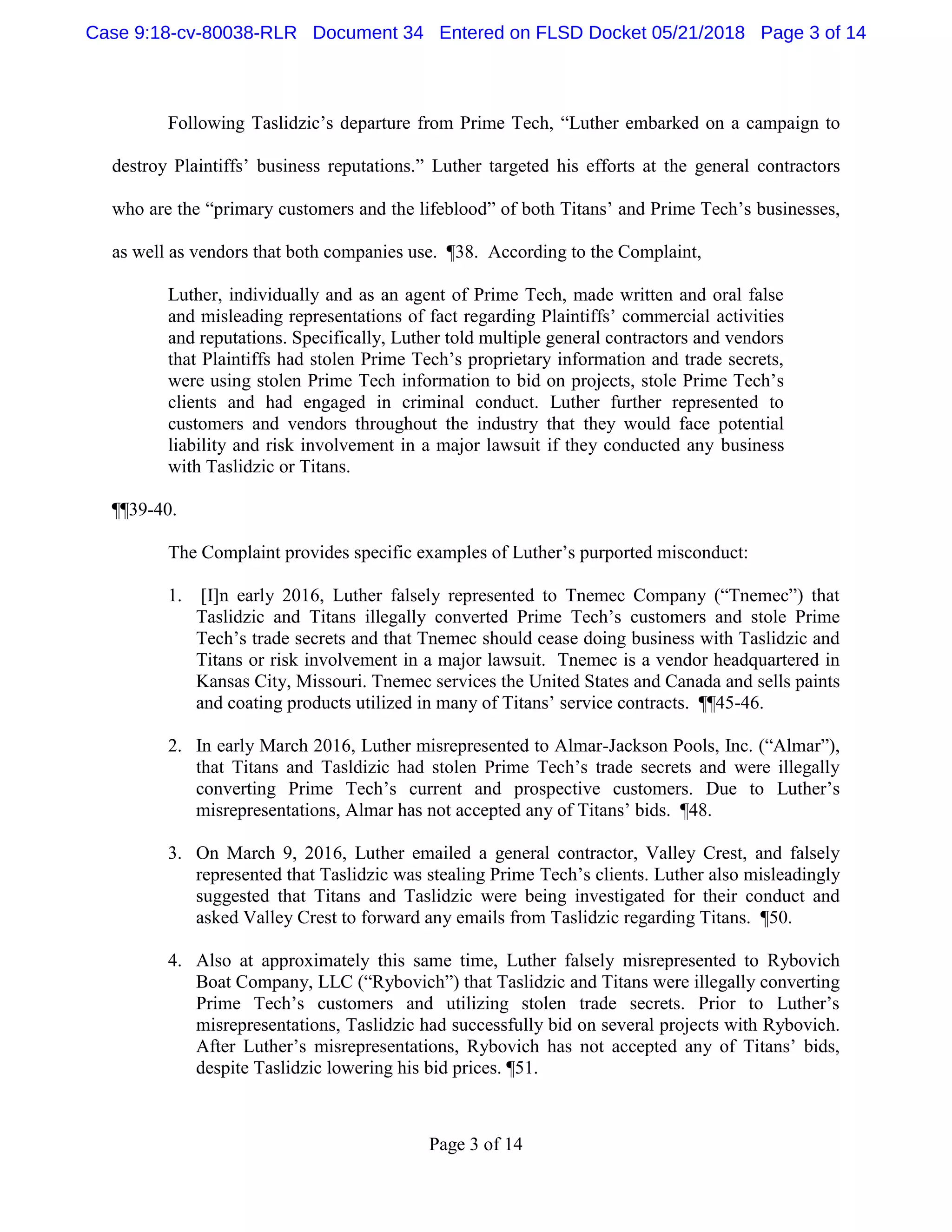 Order Denying Motion to Dismiss False Advertising & Defamation Claims | PDF