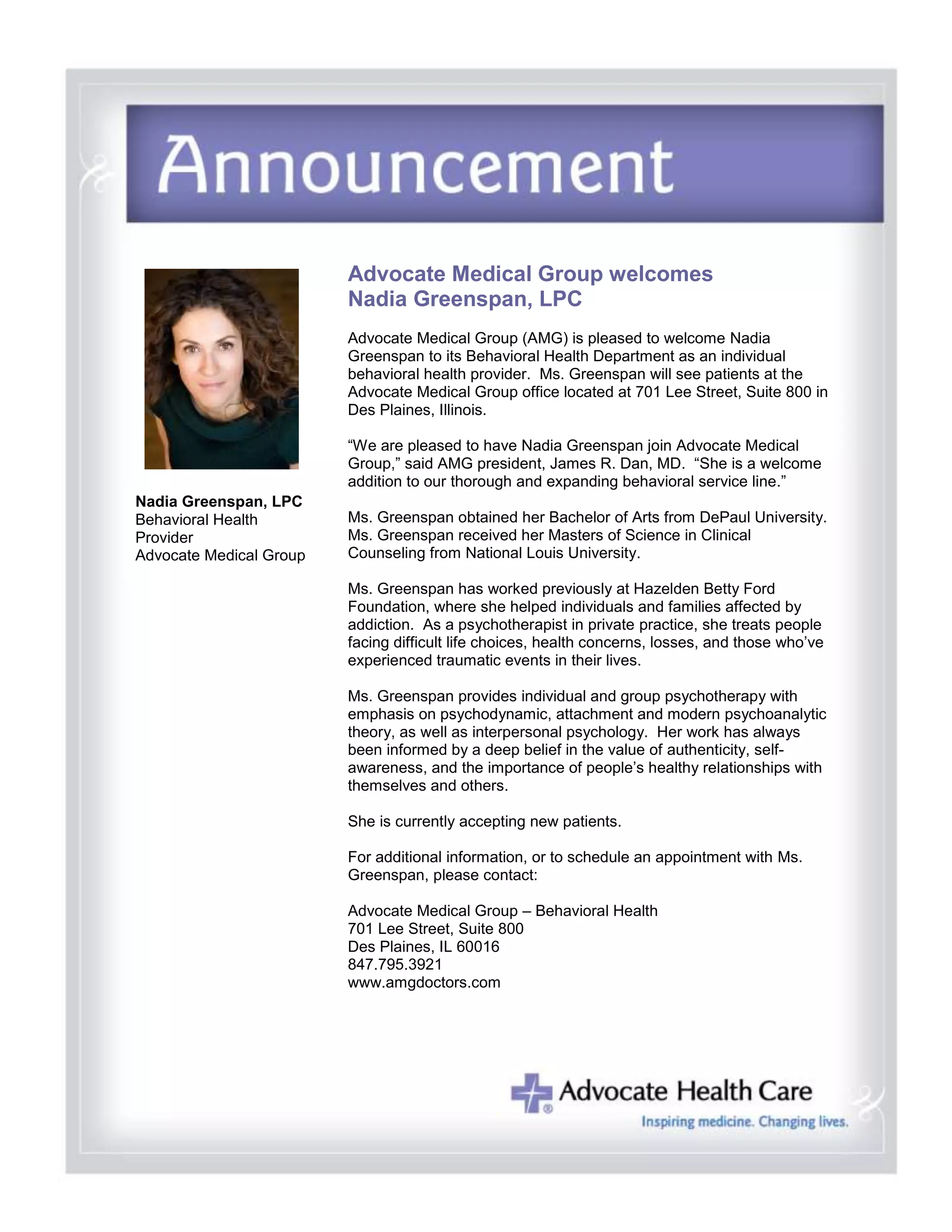 Nadia Greenspan Announcement | PDF